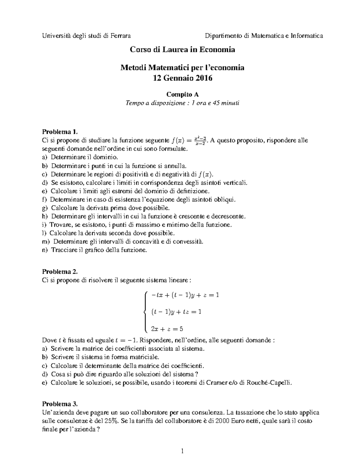 Esame metodi matematici - Universita degli studi di Ferrara ...