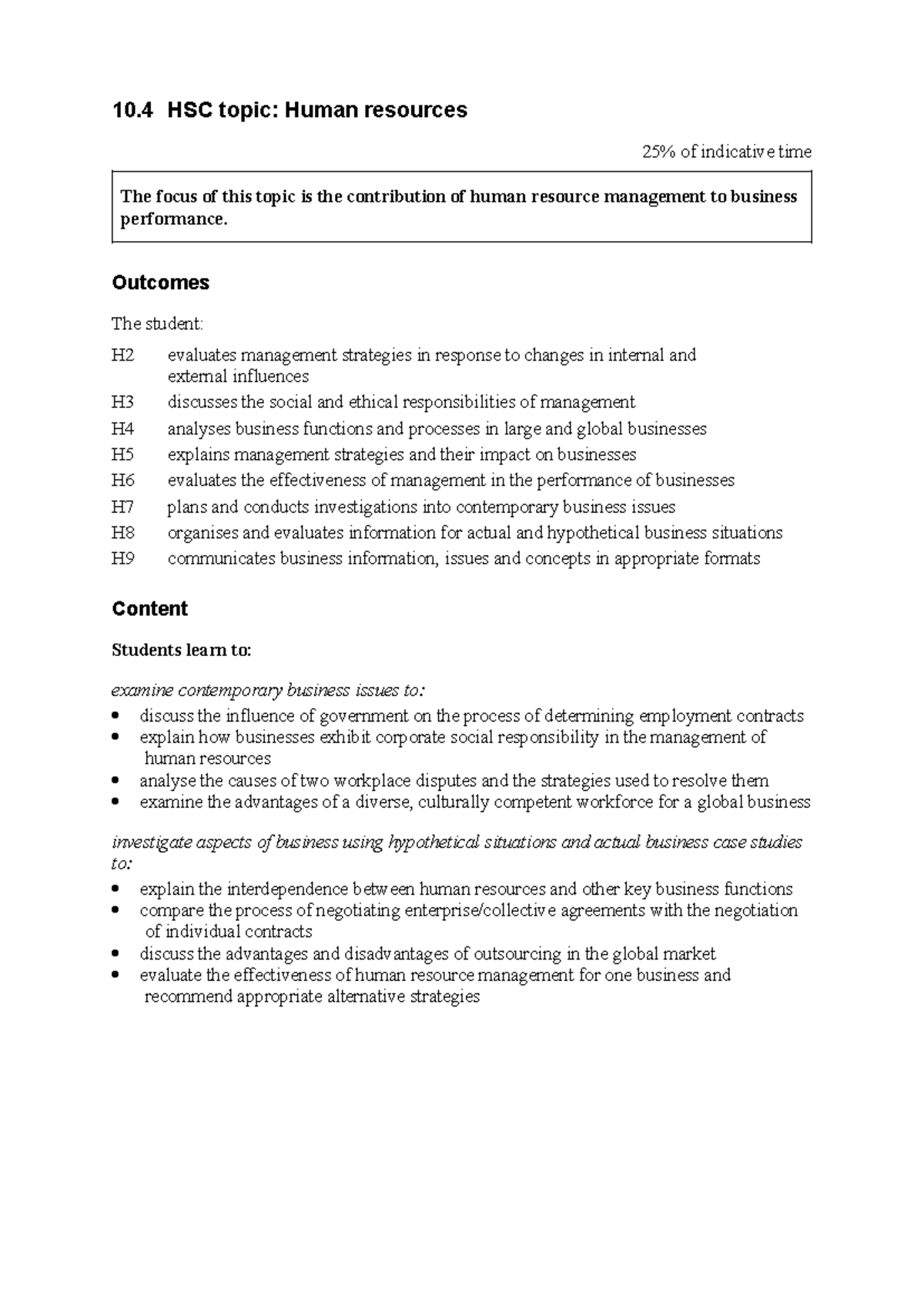 HR Syllabus pg cloze 1 - 10 HSC topic: Human resources 25% of ...