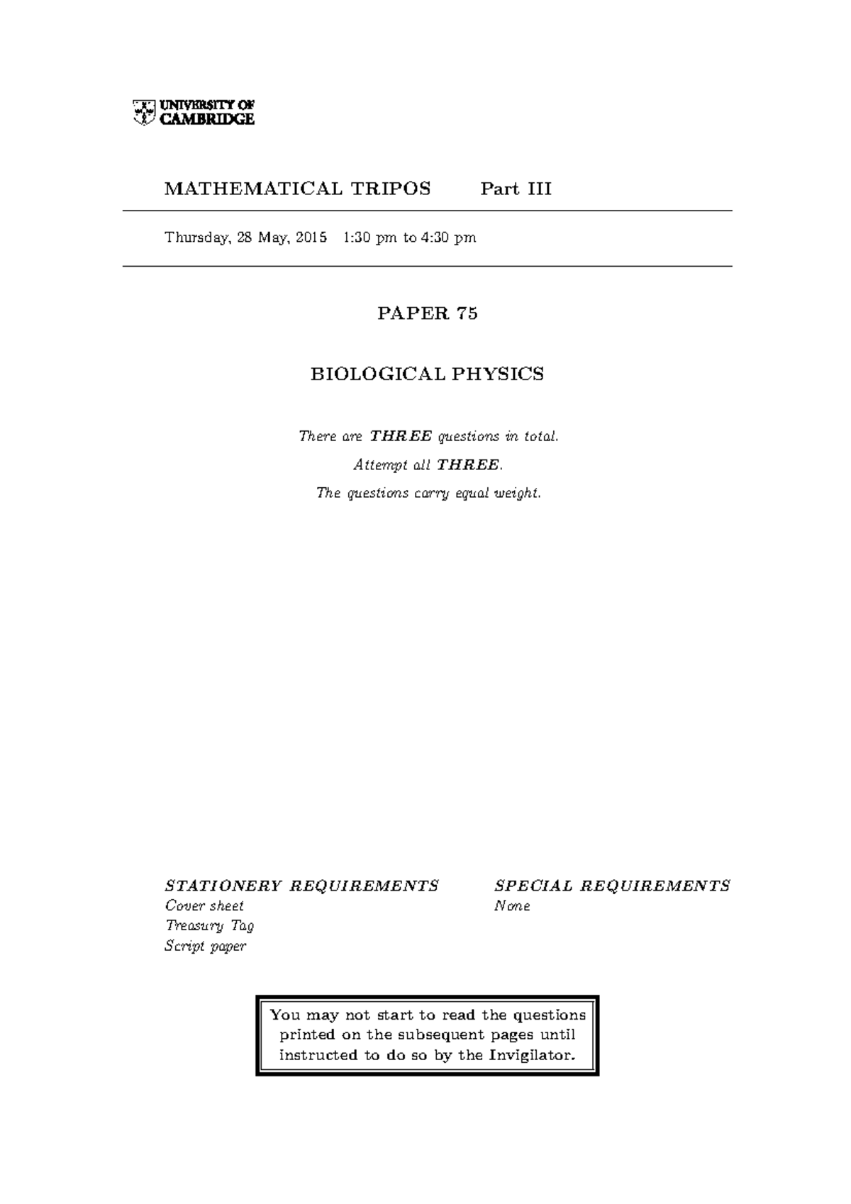 Exam 28 May 2015, questions - MATHEMATICAL TRIPOS Part III Thursday, 28 ...