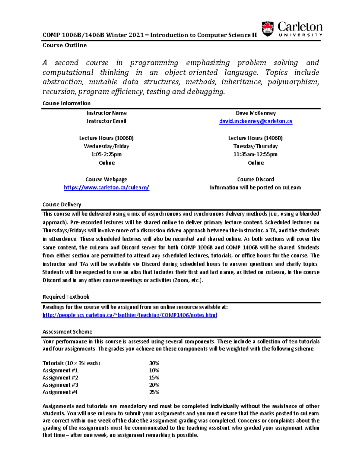 Course Outline Introduction To Computer Science Ii Dave Mckenney
