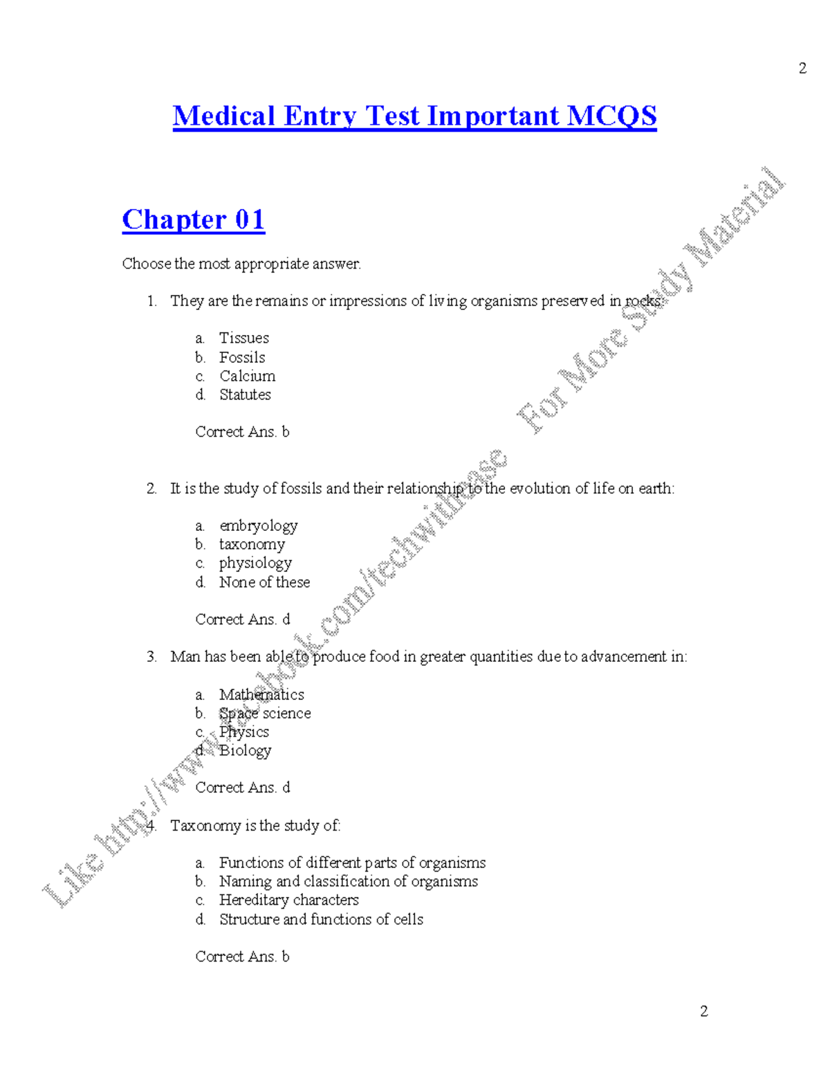 NEET Important MCQs Biology - 2 2 Medical Entry Test Important MCQS ...