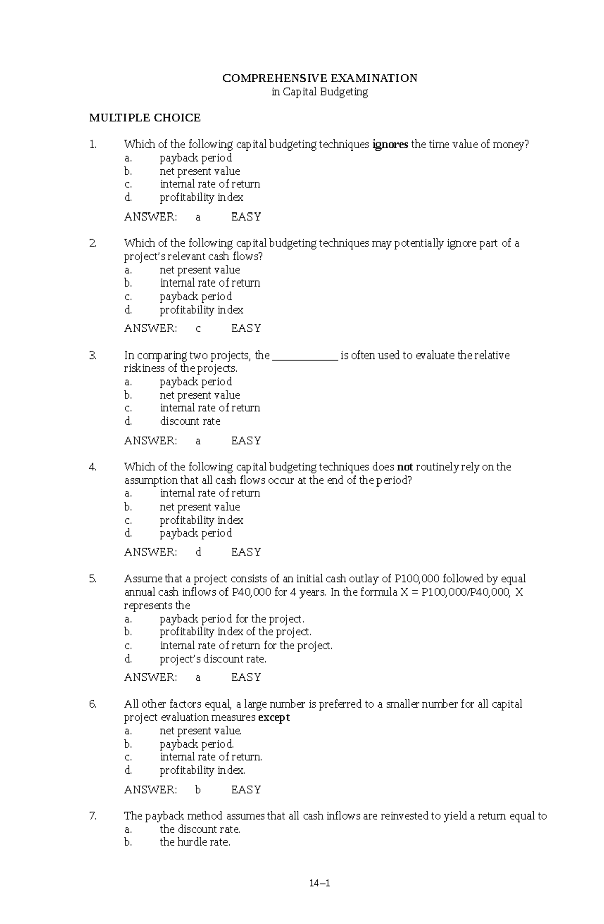 Capital Budgeting QUIZ answers - COMPREHENSIVE EXAMINATION in Capital ...