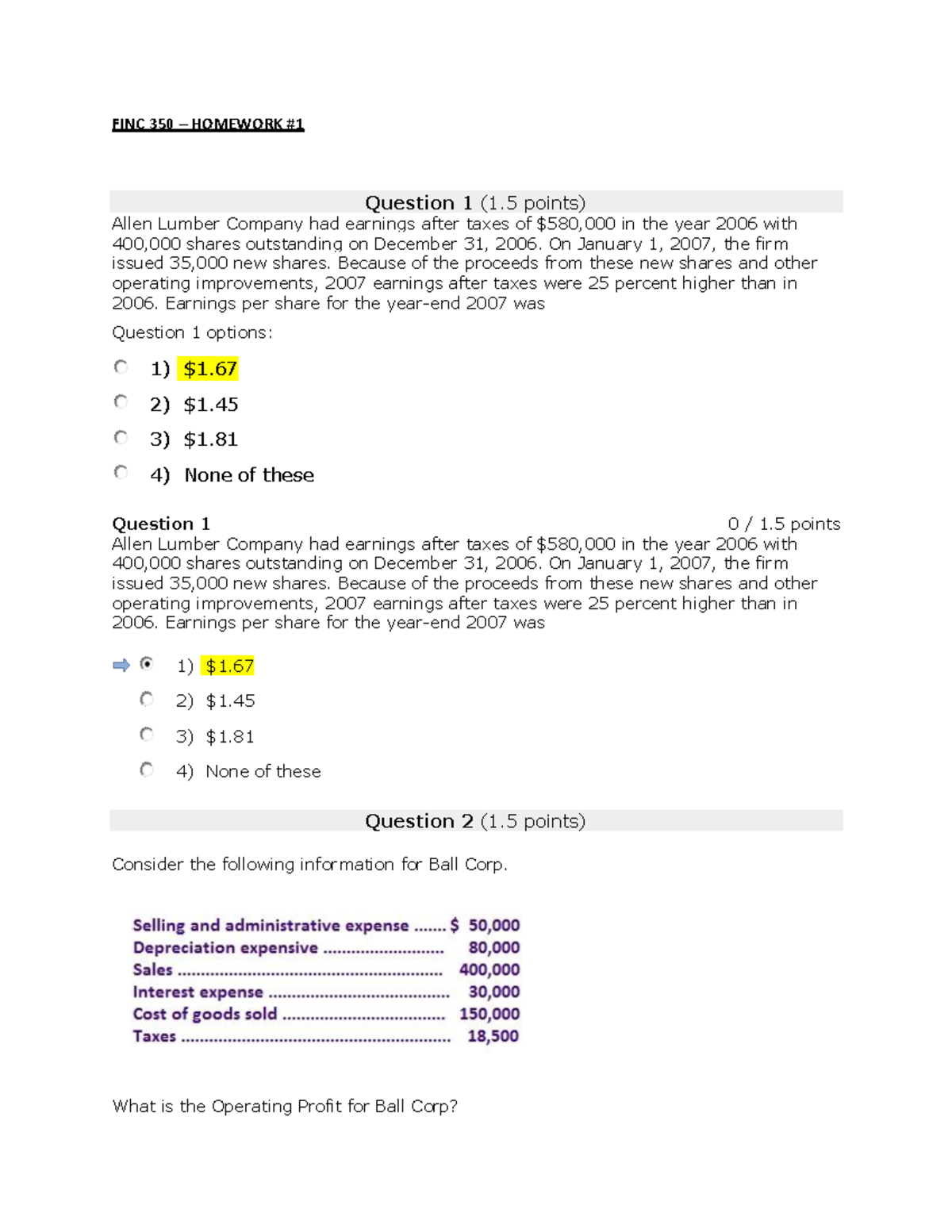 Financial Management Week 1 Homework - FINC 350 – HOMEWORK Question 1 ...