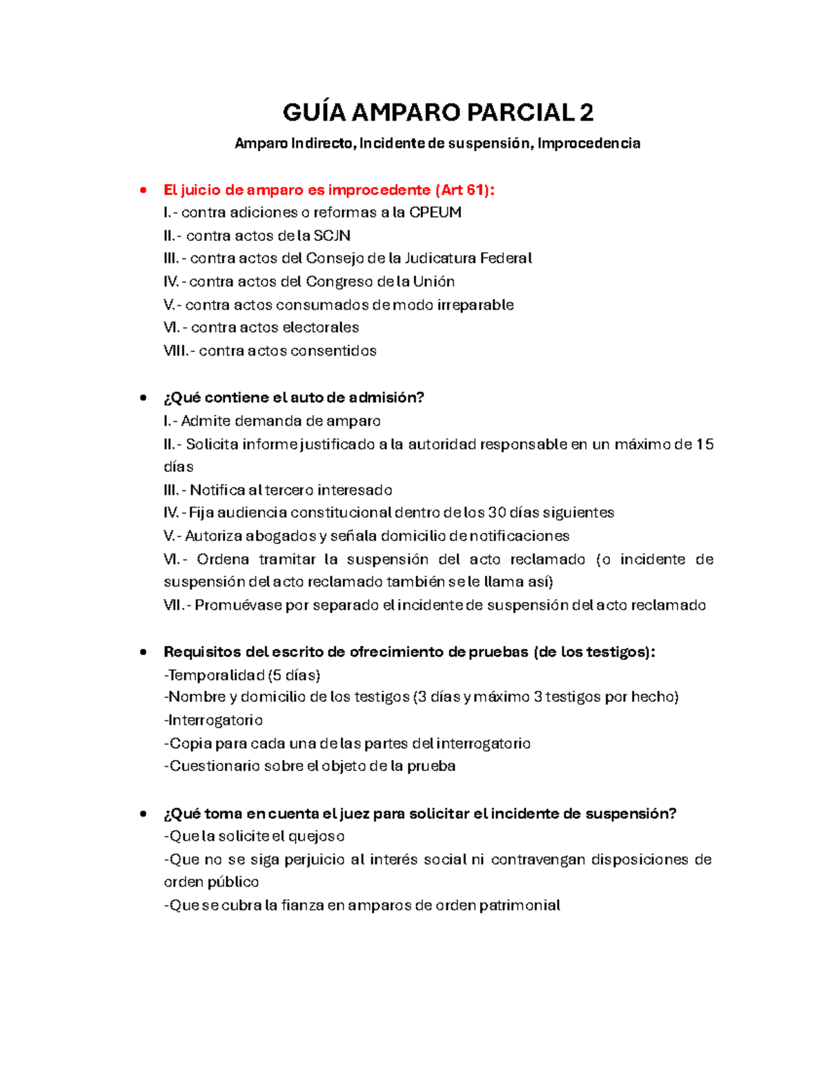 GUIA Amparo Parcial 2 - cccc - GUÍA AMPARO PARCIAL 2 Amparo Indirecto, Incidente de suspensión ...