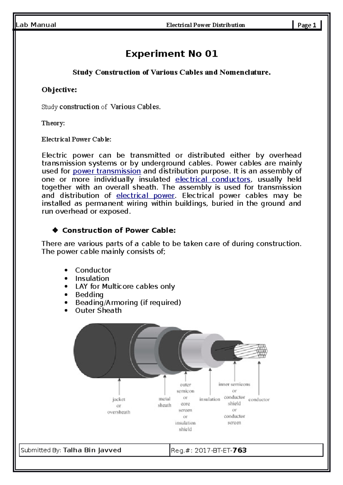 Power Electronics - Experiment No 01 Study Construction of Various Cables and Nomenclature ...
