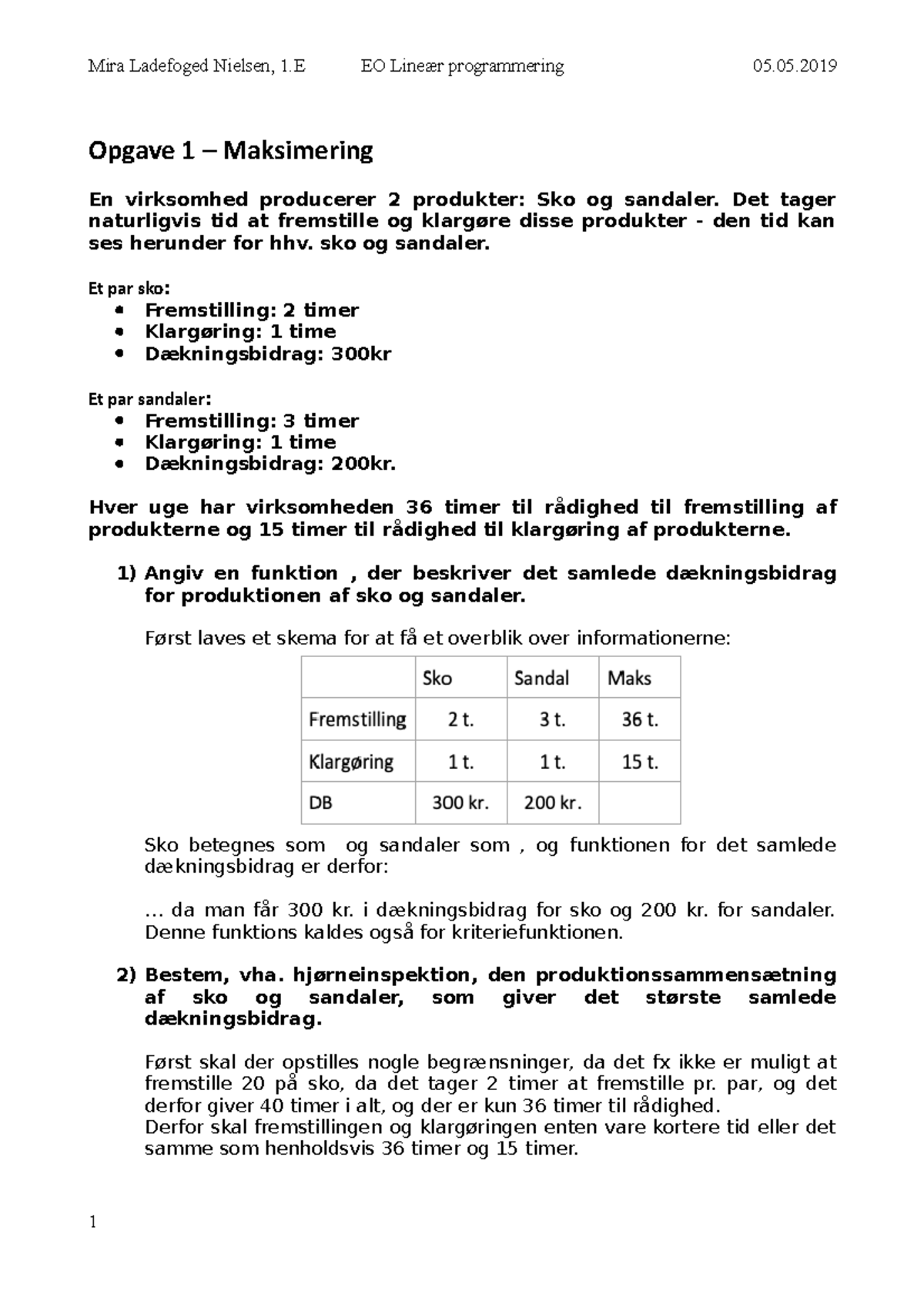 EO - lineær programmering - Opgave 1 – Maksimering En virksomhed ...