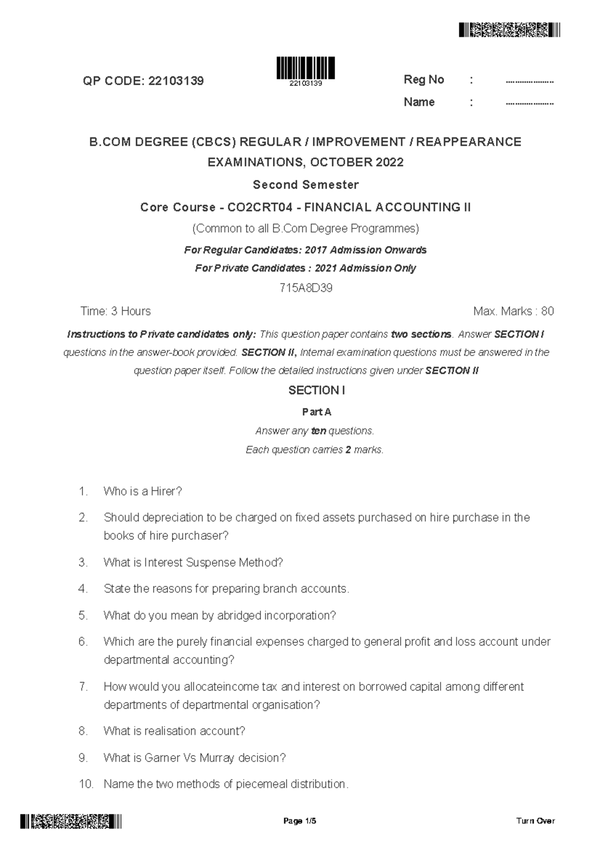 2022 - QP CODE: 22103139 Reg No : ..................... Name ...