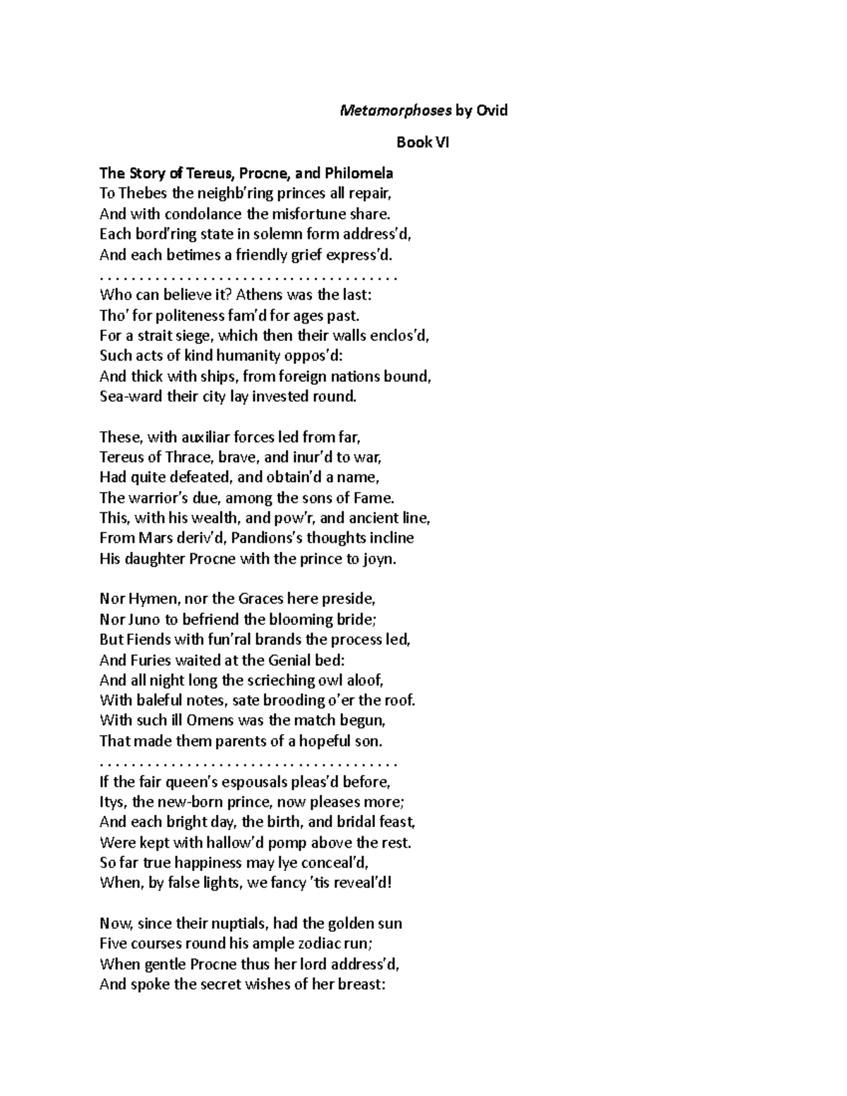 Seminar assignments - Tereus, procne and philomela - Metamorphoses Ovid ...