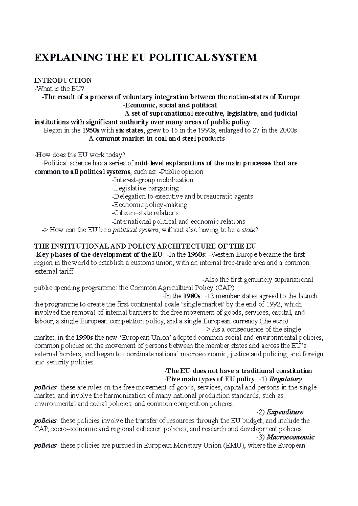 NOTES ON: EXPLAINING THE EU POLITICAL SYSTEM - EXPLAINING THE EU ...