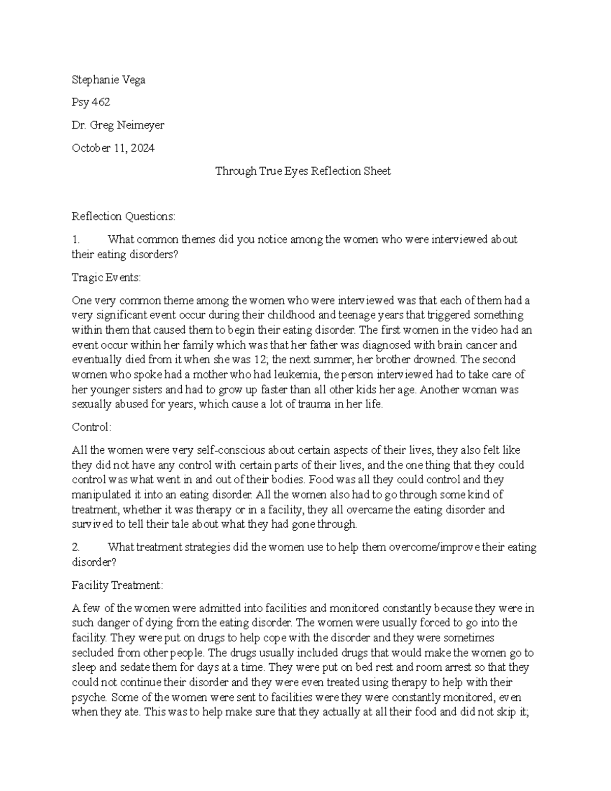 Through True Eyes Reflection SV - Stephanie Vega Psy 462 Dr. Greg ...
