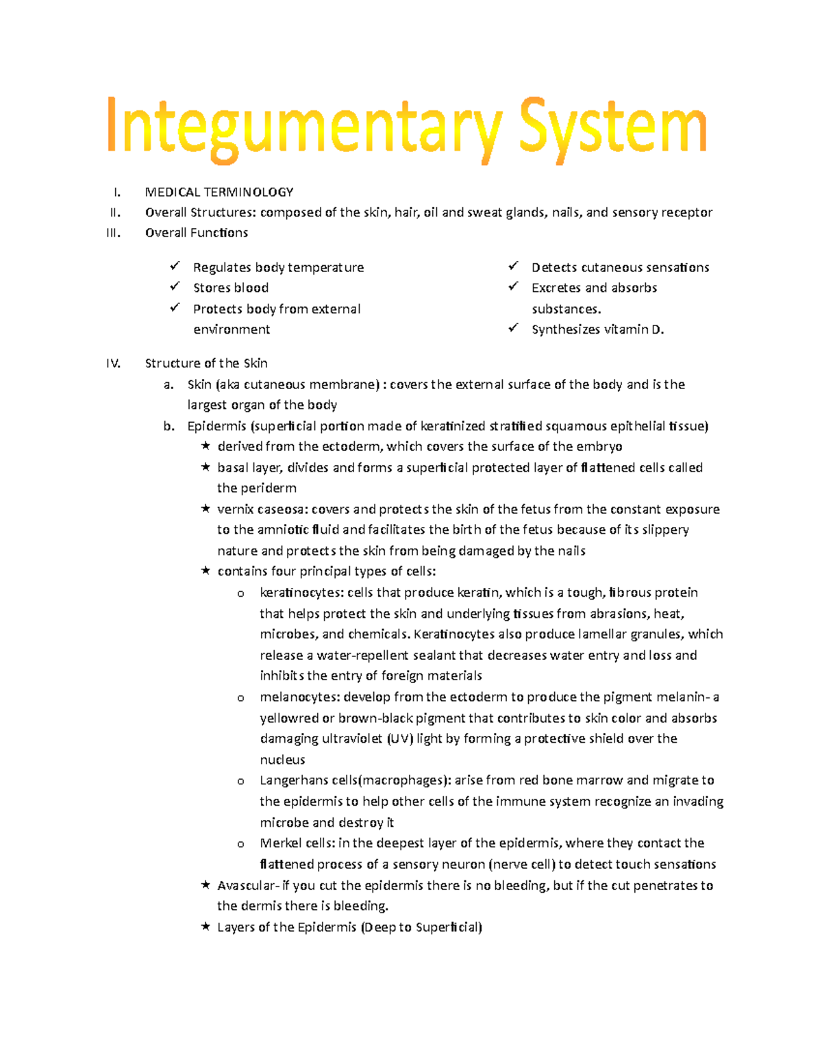 Anatomy and Physiology Integumentary System Lecture Notes - I. MEDICAL ...