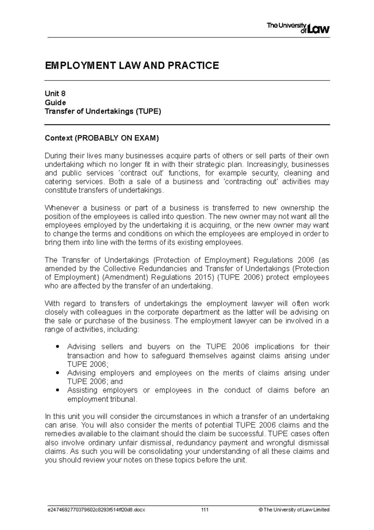 Employment 8 tasks - EMPLOYMENT LAW AND PRACTICE Unit 8 Guide Transfer of Undertakings (TUPE ...
