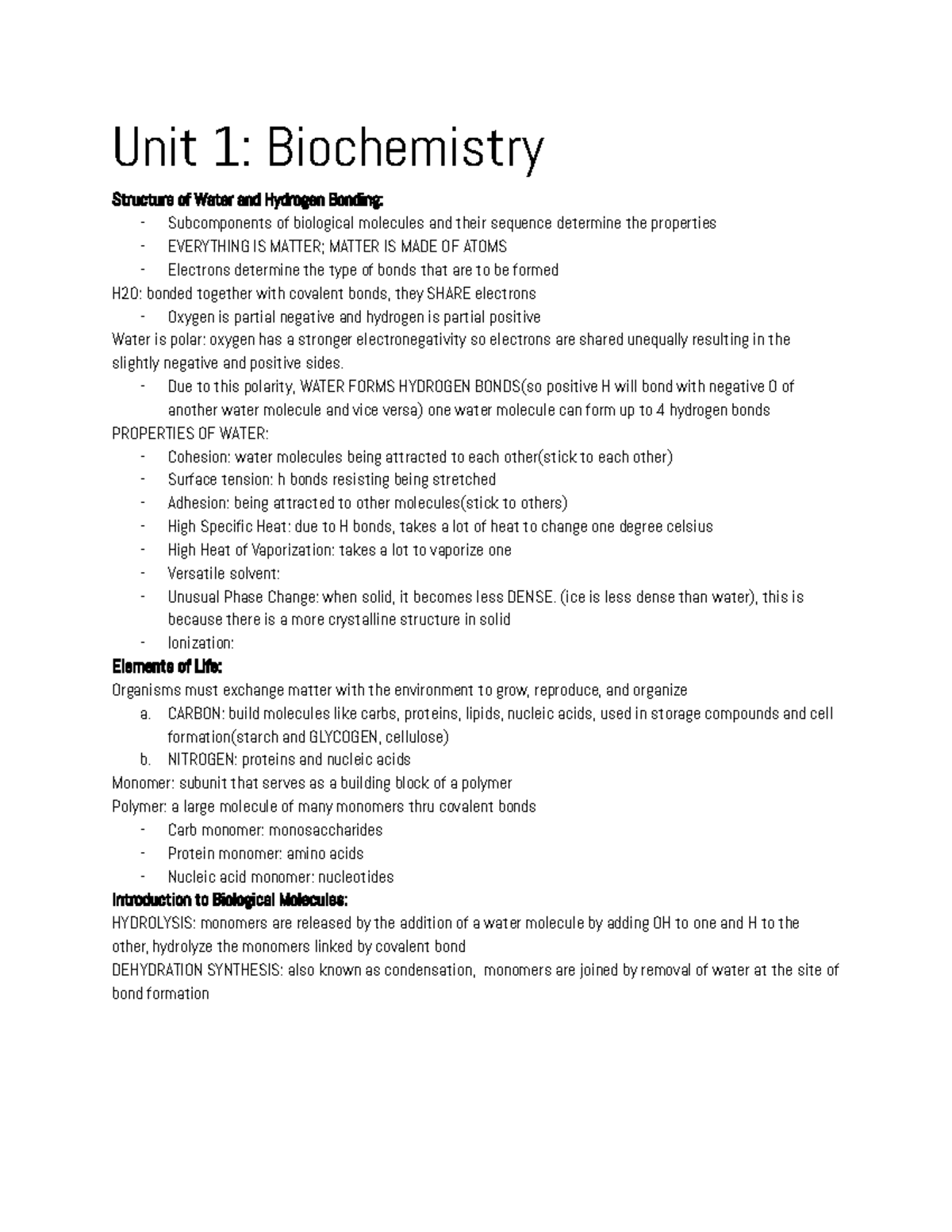 AP BIO AP Study Guide - Unit 1: Biochemistry Structure of Water and ...