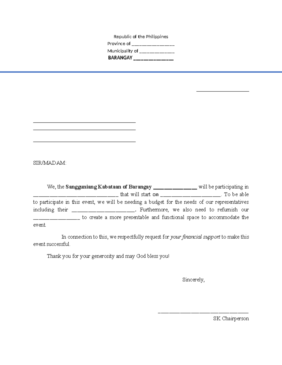 Solicitation Letter Sample - Republic of the Philippines Province of ...
