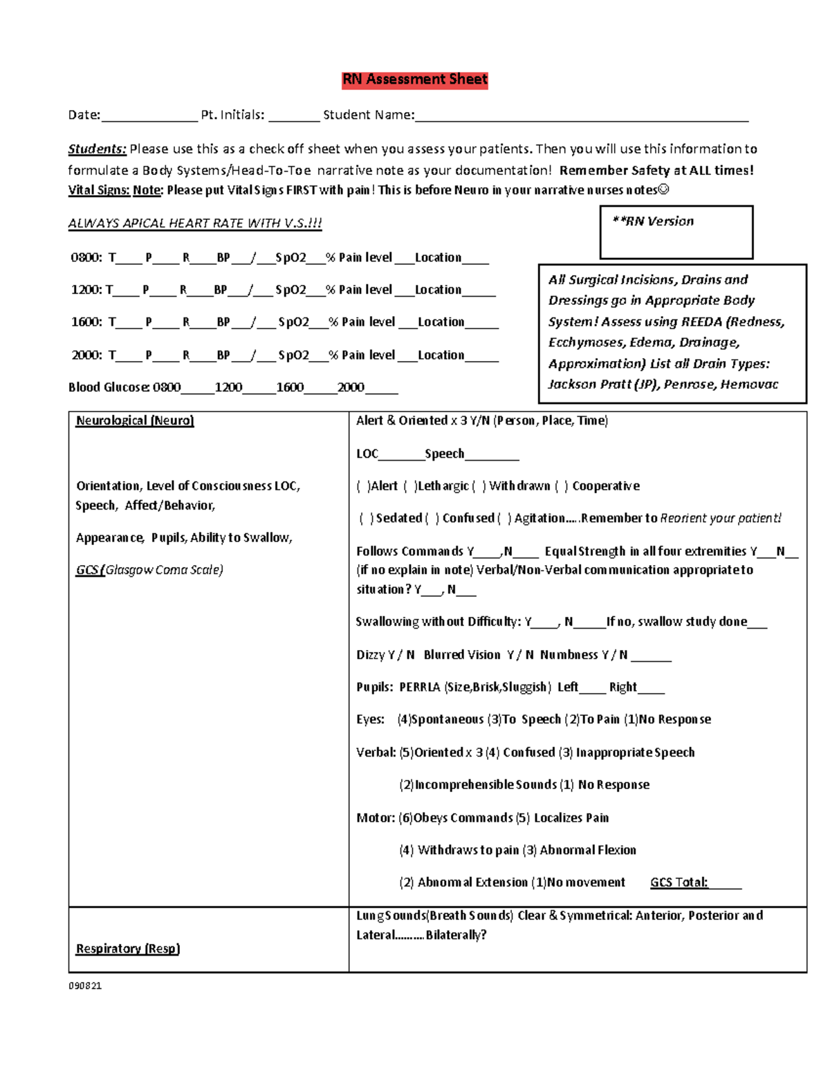 RN Assessment Sheet - RN Assessment Sheet Date:_____________ Pt ...