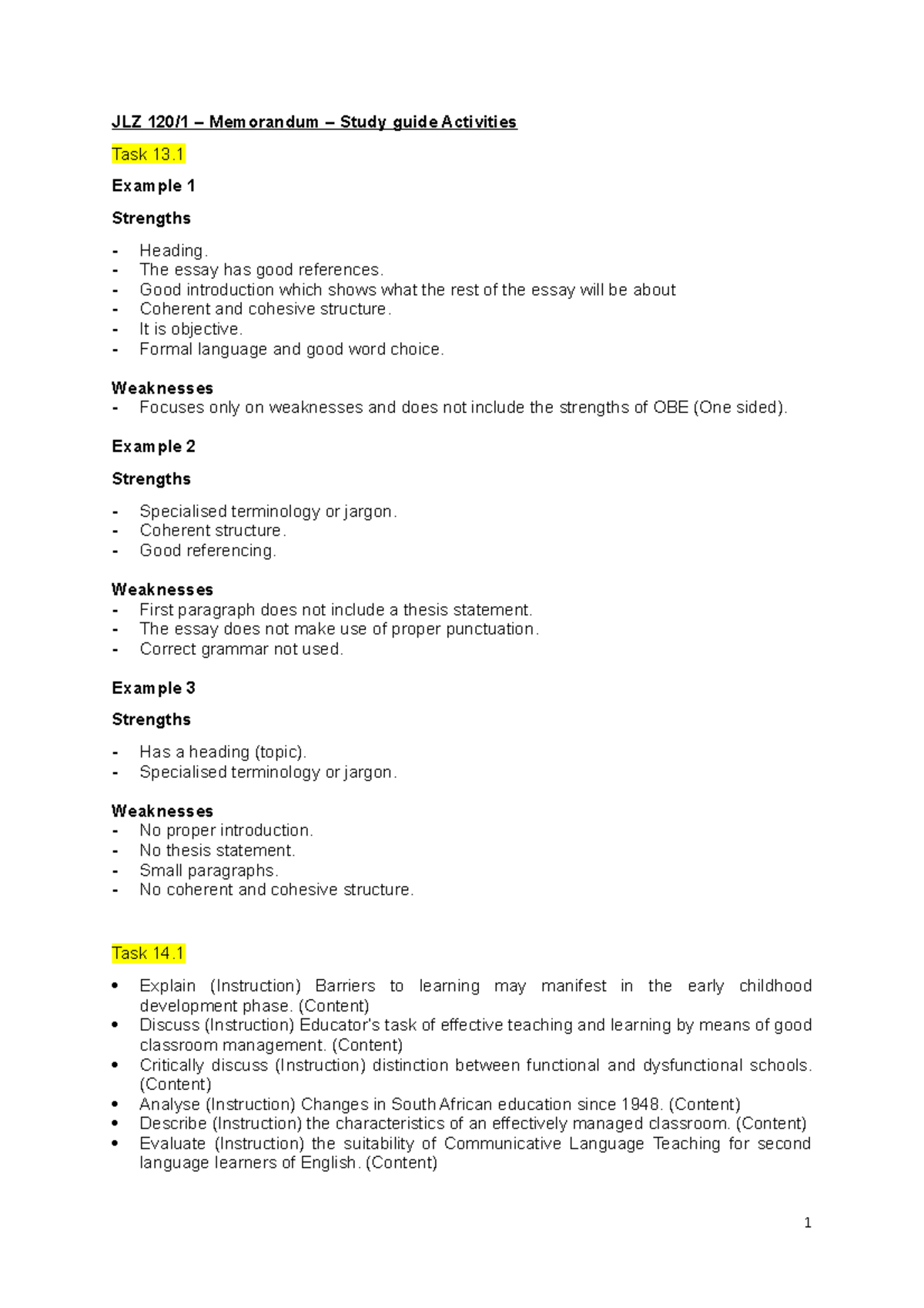 JLZ-Homework activities-Memo-2022 - JLZ 120/1 – Memorandum – Study ...