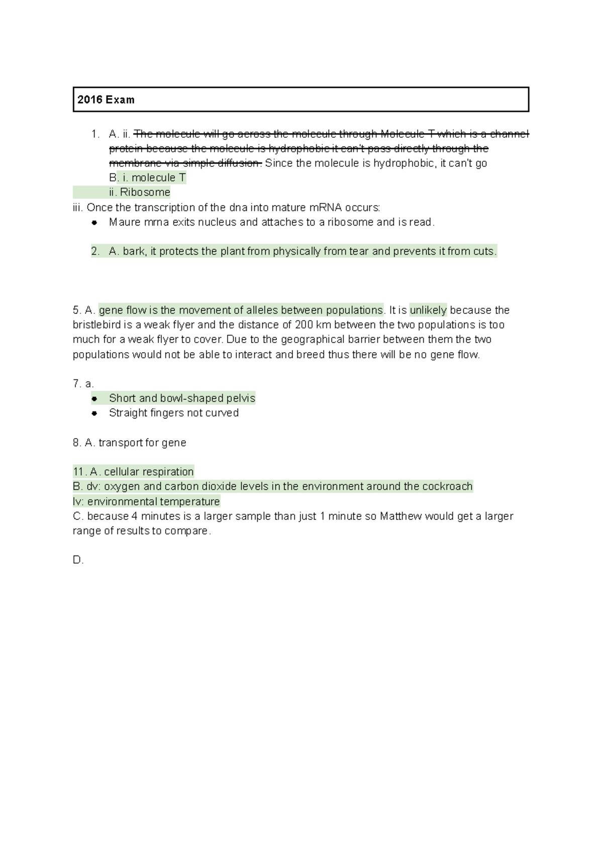 Biology Short Answer Questions - 2016 Exam 1. A. ii. The molecule will ...