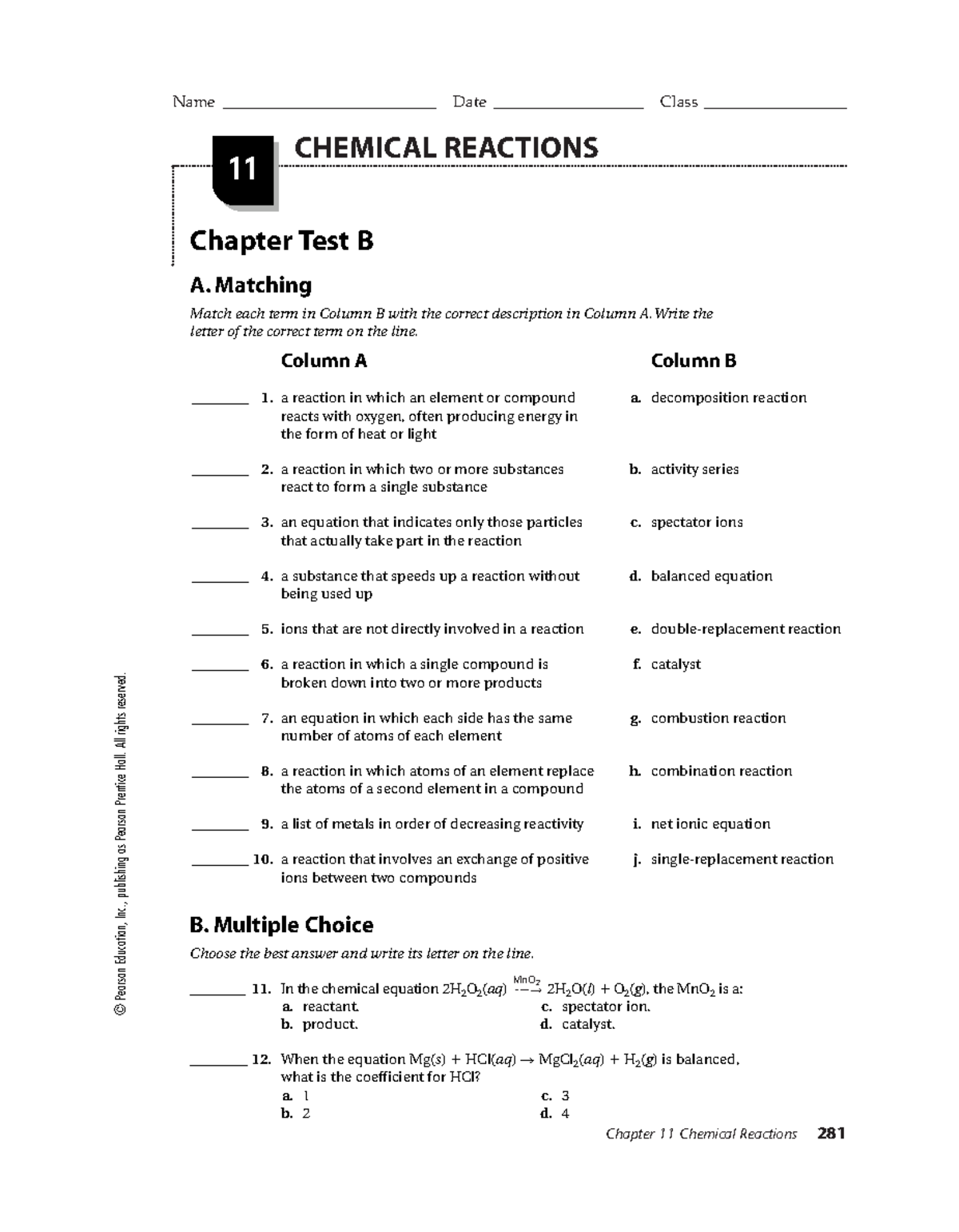 Chctb 11 - balancing equations from pearson chemistry - Chapter 11 ...