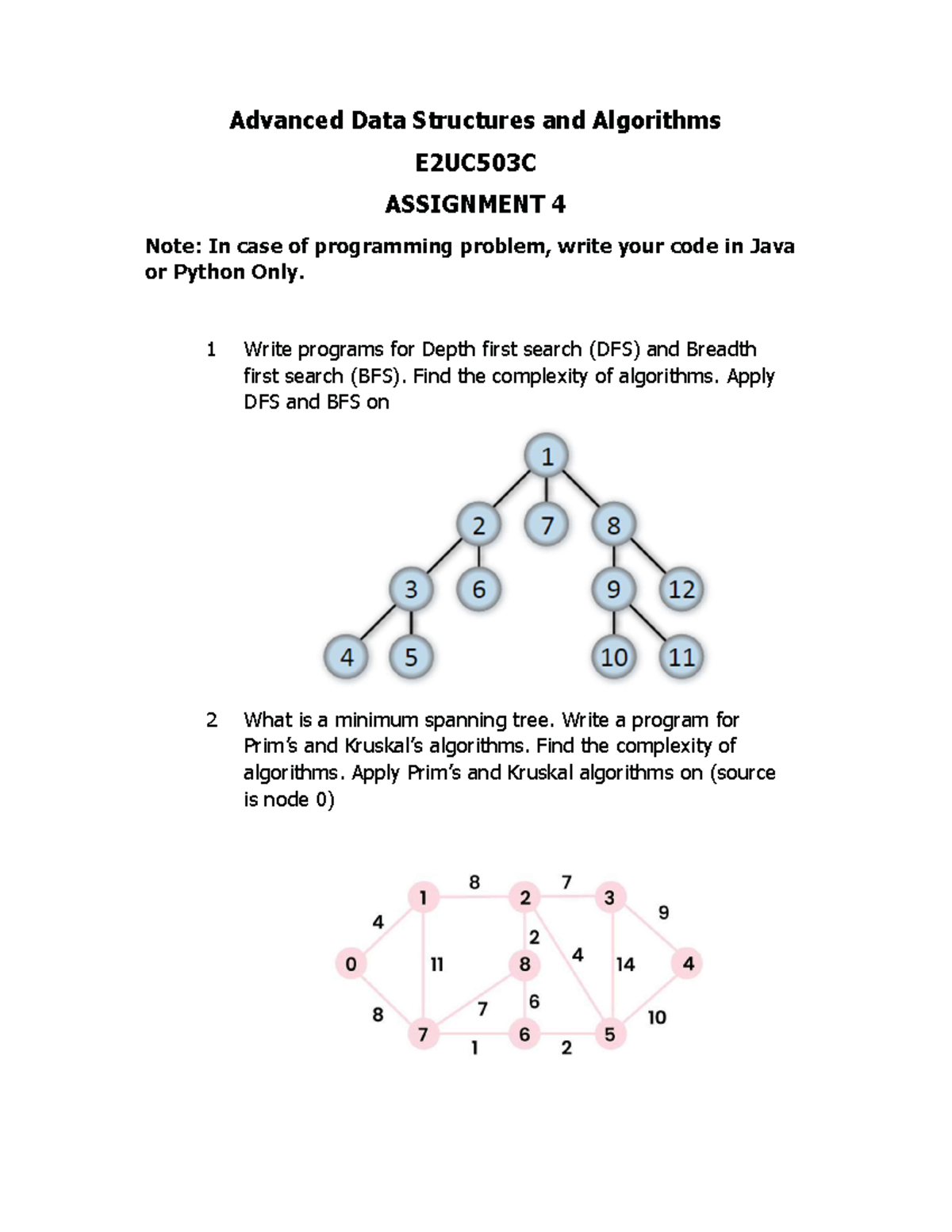Practice Problem For Adsa Advanced Data Structures And Algorithms E2uc503c Assignment 4 Note