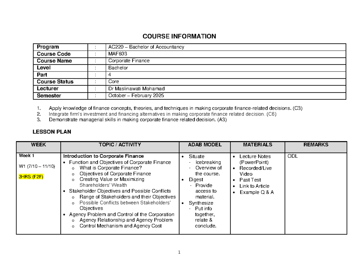 MAF603 - Lesson Plan Oct2024 - COURSE INFORMATION Program : AC220 ...