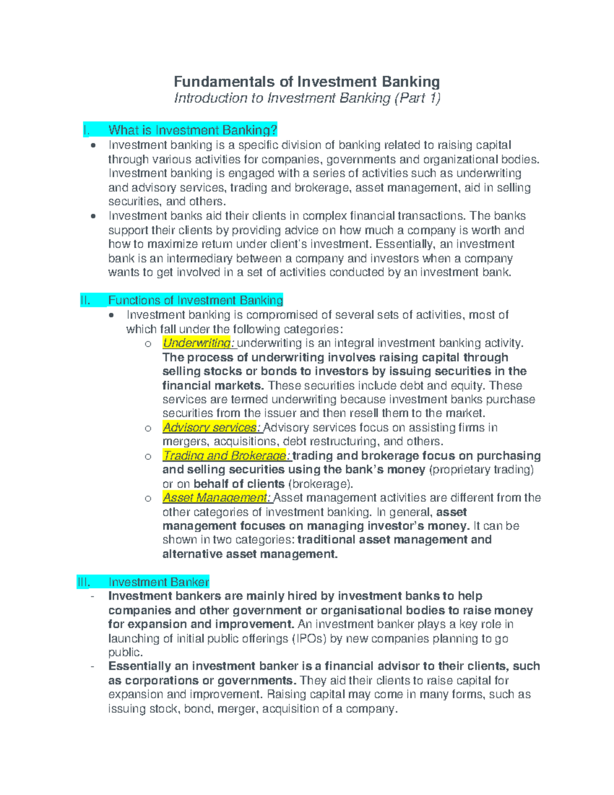 Investment Banking M1 Part1 - Fundamentals of Investment Banking ...
