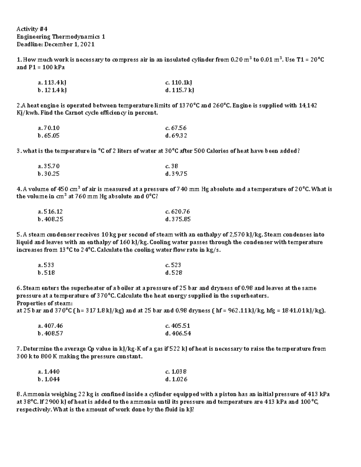 Mechanical Engineering - Thermodynamics - Activity # Engineering ...