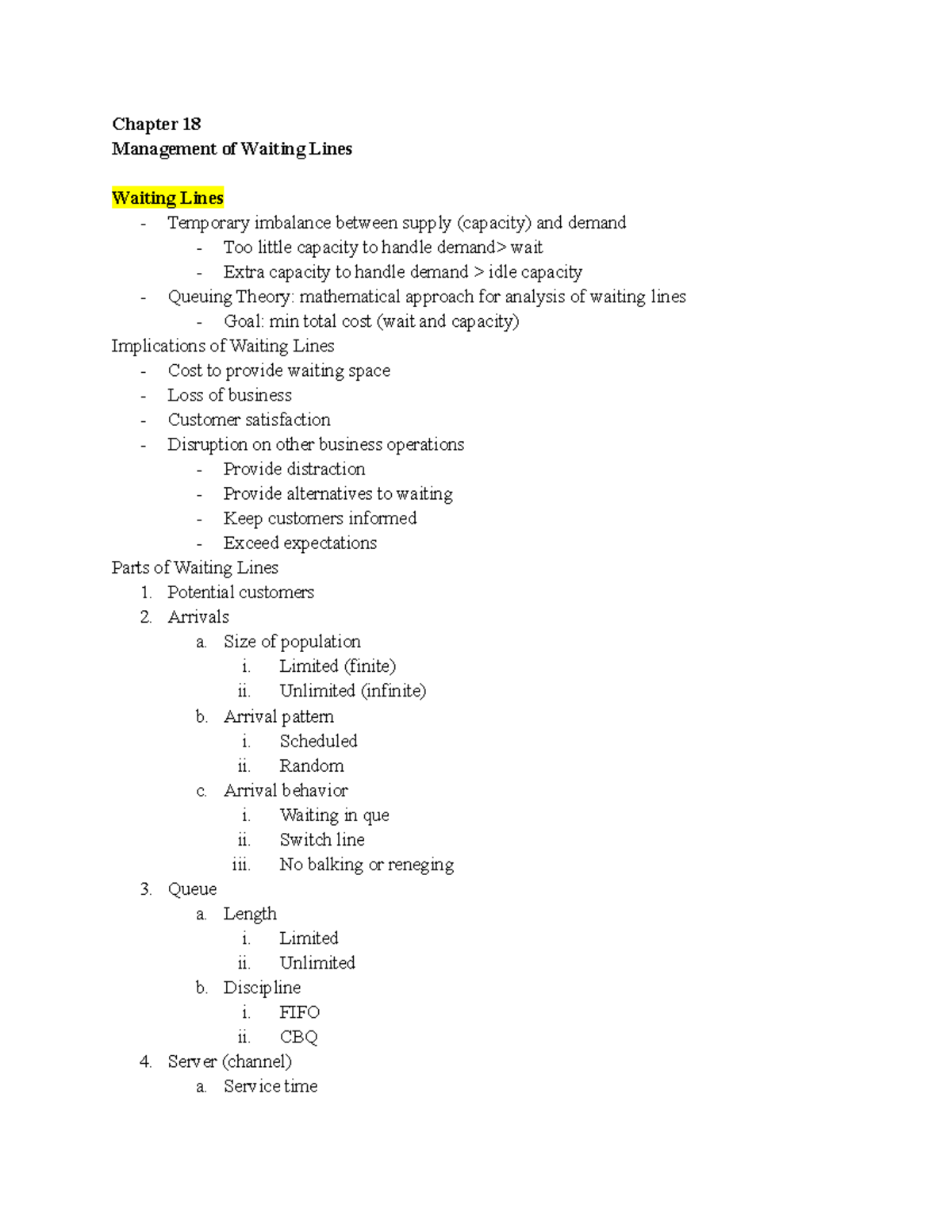 OPM - Chapter 18, 16, 14, 15 notes - Chapter 18 Management of Waiting ...