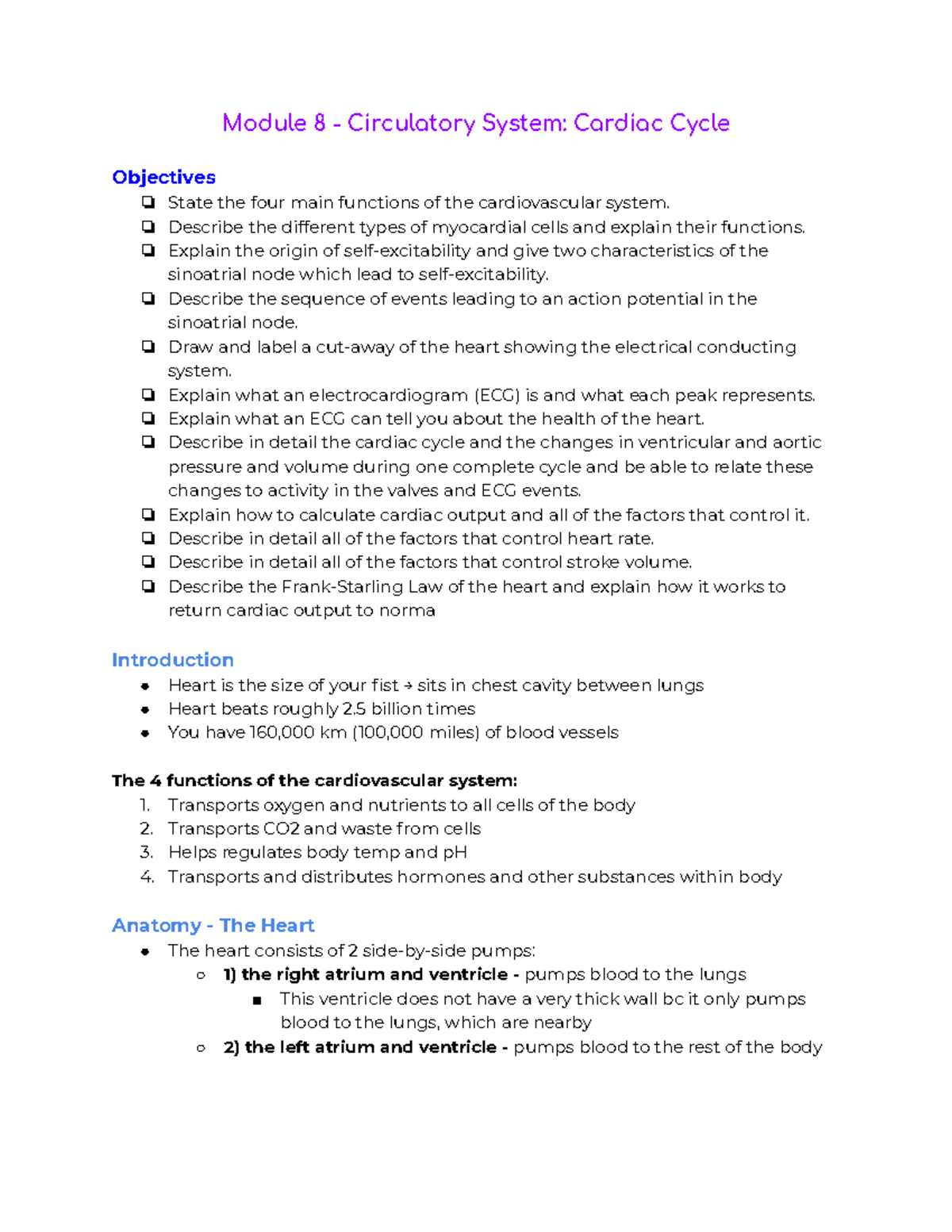Week 4 - circulatory system, cardiac cycle - Module 8 - Circulatory ...