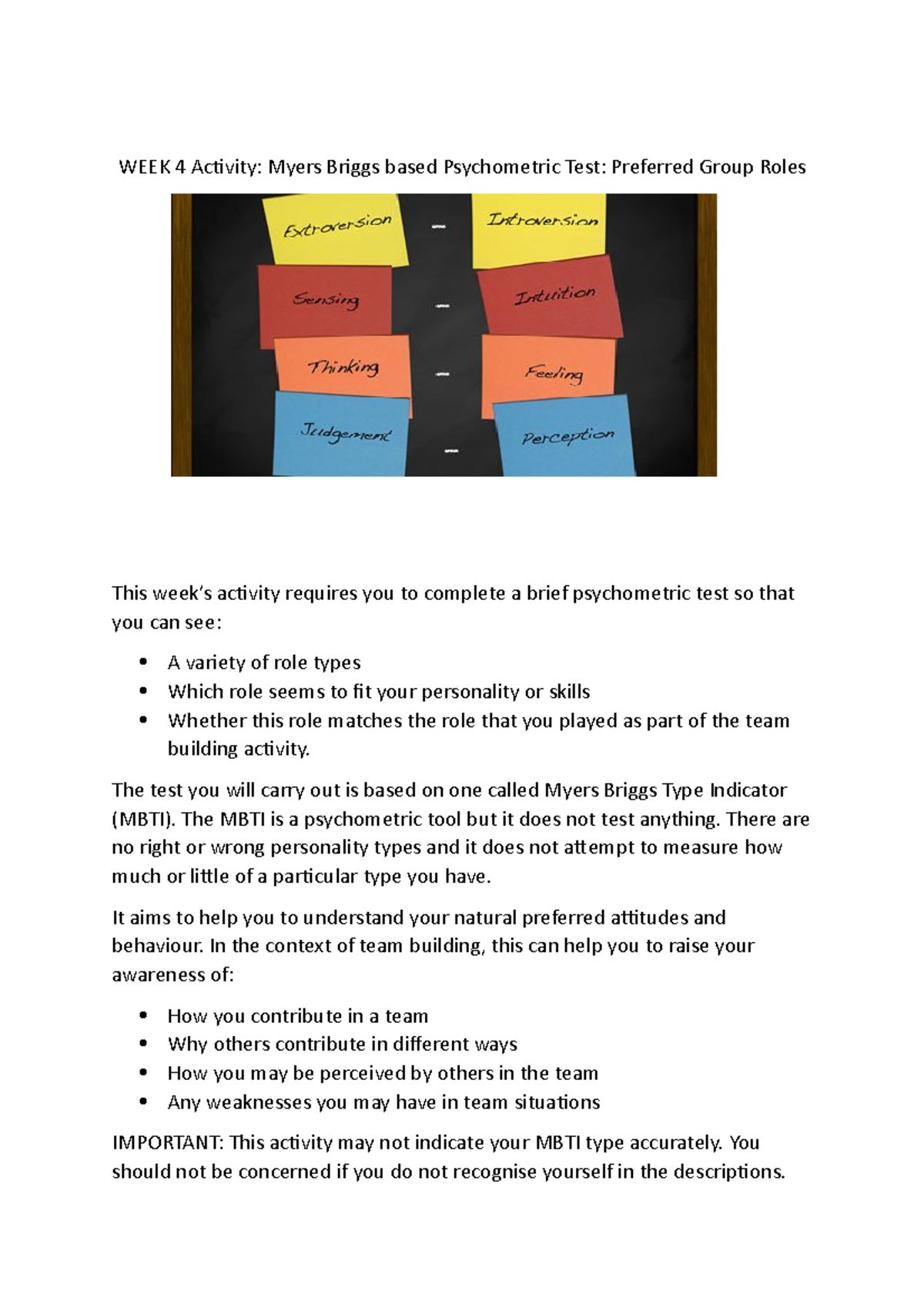 Psychometric test Roles - WEEK 4 Activity: Myers Briggs based ...