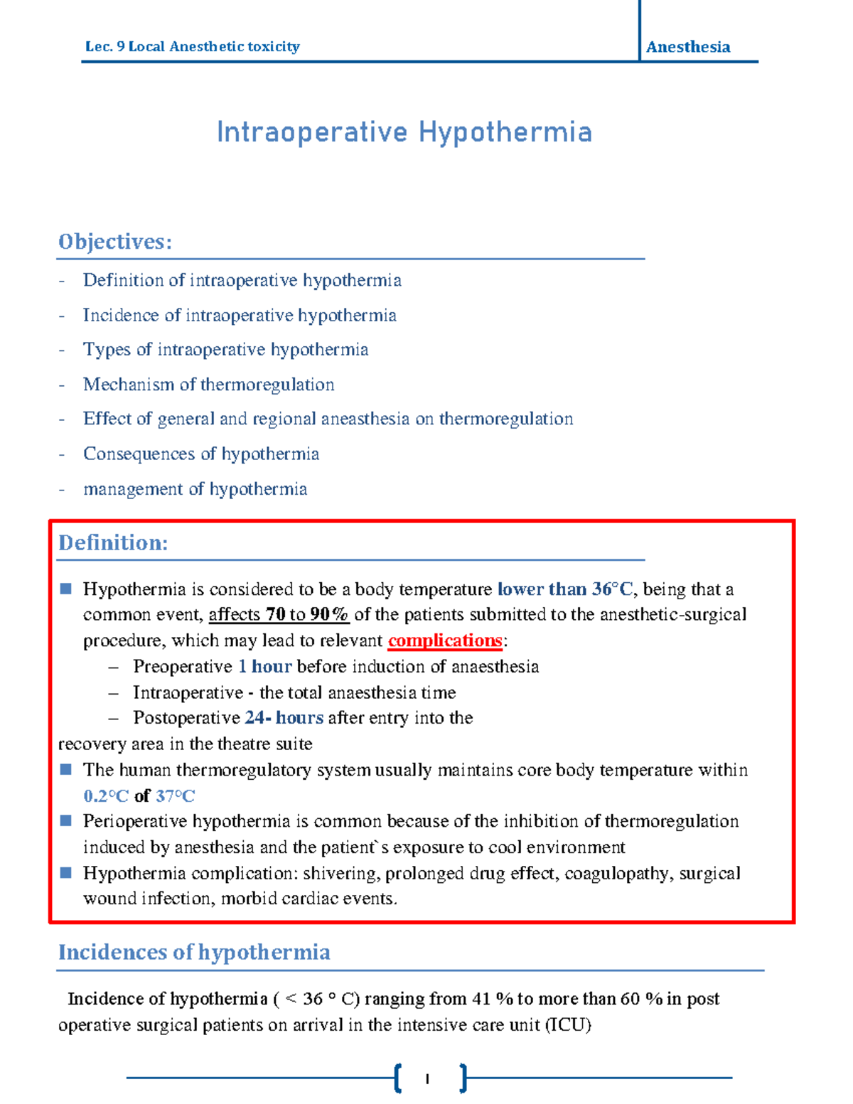 Important items marked - Intraoperative Hypothermia Objectives ...