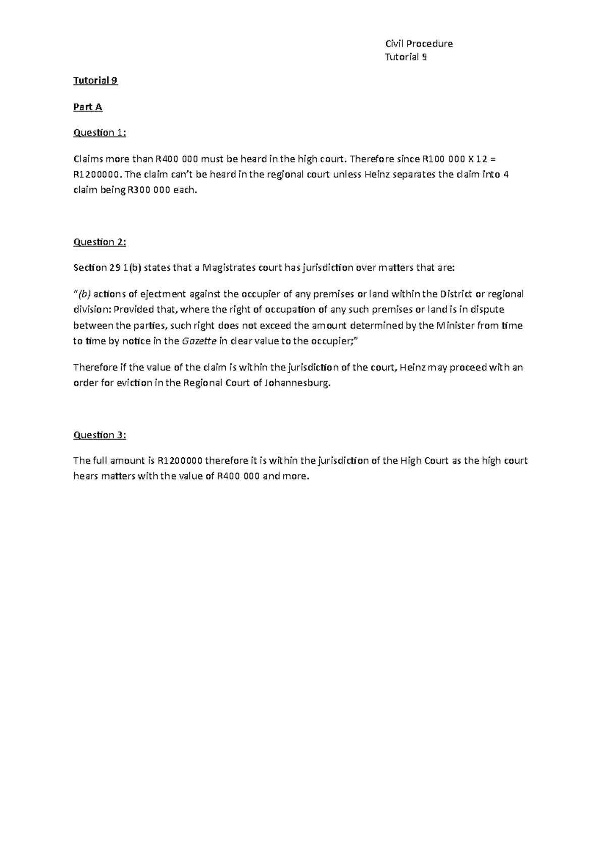 Civil Procedure Tutorial 9 - Civil Procedure Tutorial 9 Tutorial 9 Part A Question 1: Claims ...