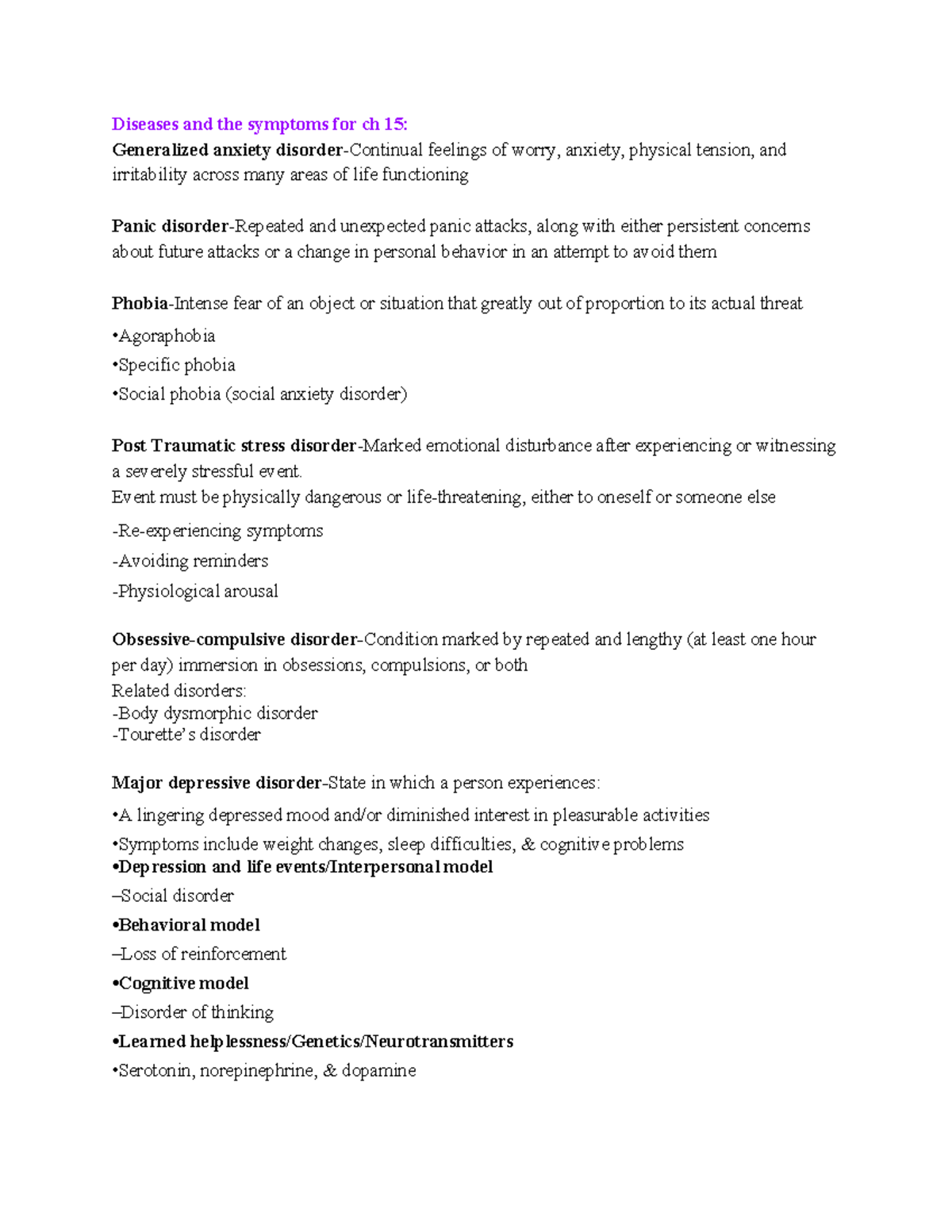 Psych study guide - Chapters summaries for exam - Diseases and the ...