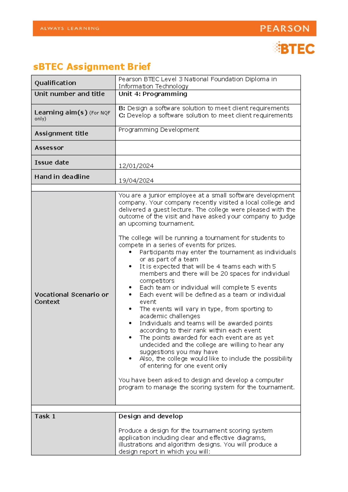 Unit 4 Assignment Programming Brief Sbtec Assignment Brief Qualification Pearson Btec Level