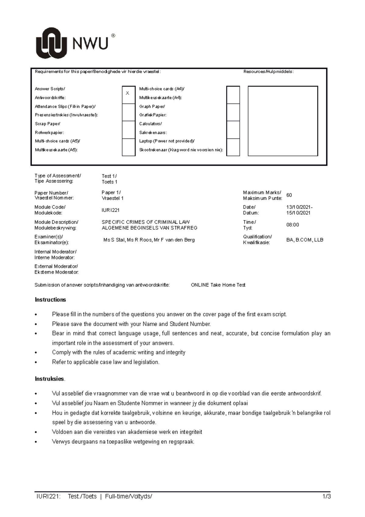 Iuri221- Test 1 - SU 2 - IURI 221 - NWU - Studocu