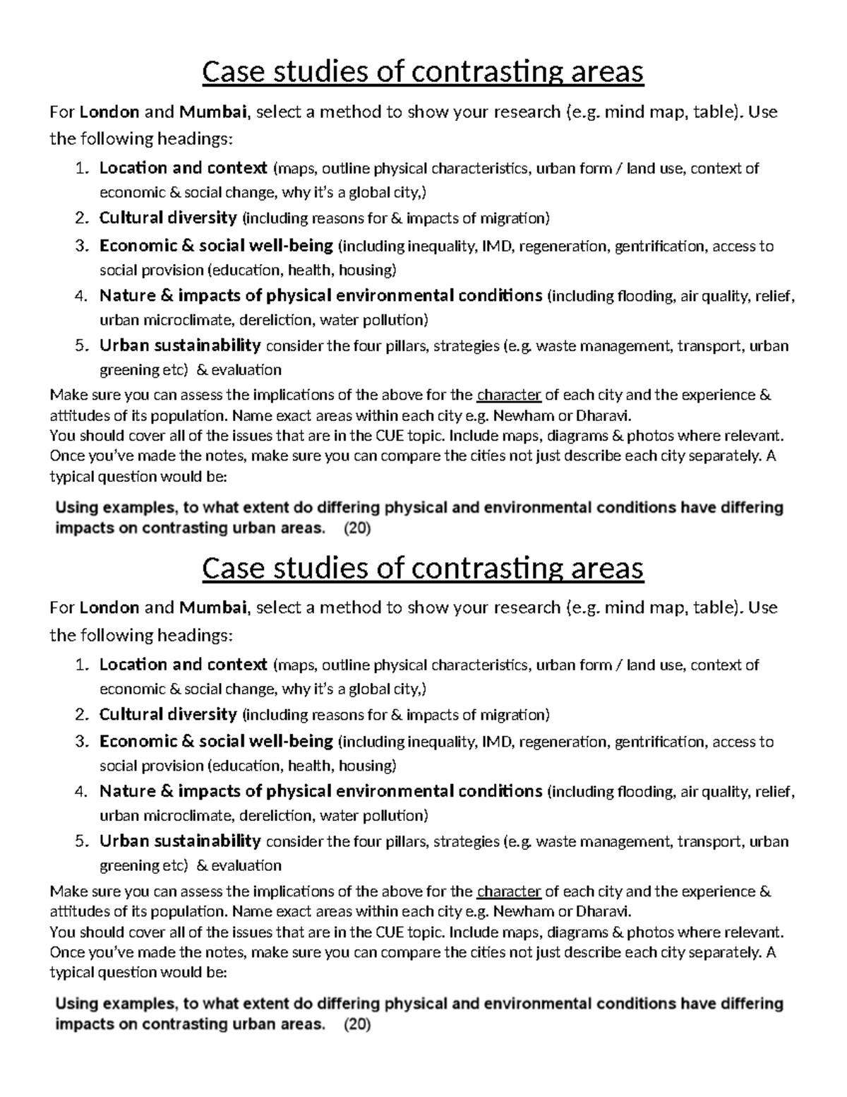 Case studies of contrasting areas task sheet - Case studies of ...