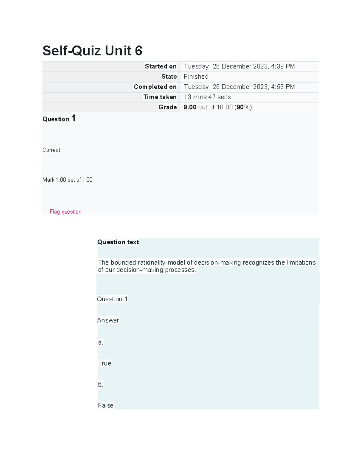 BUS 4402 Self Quiz Unit 6 2 - Self-Quiz Unit 6 Started on Tuesday, 26 December 2023, 4:39 PM ...