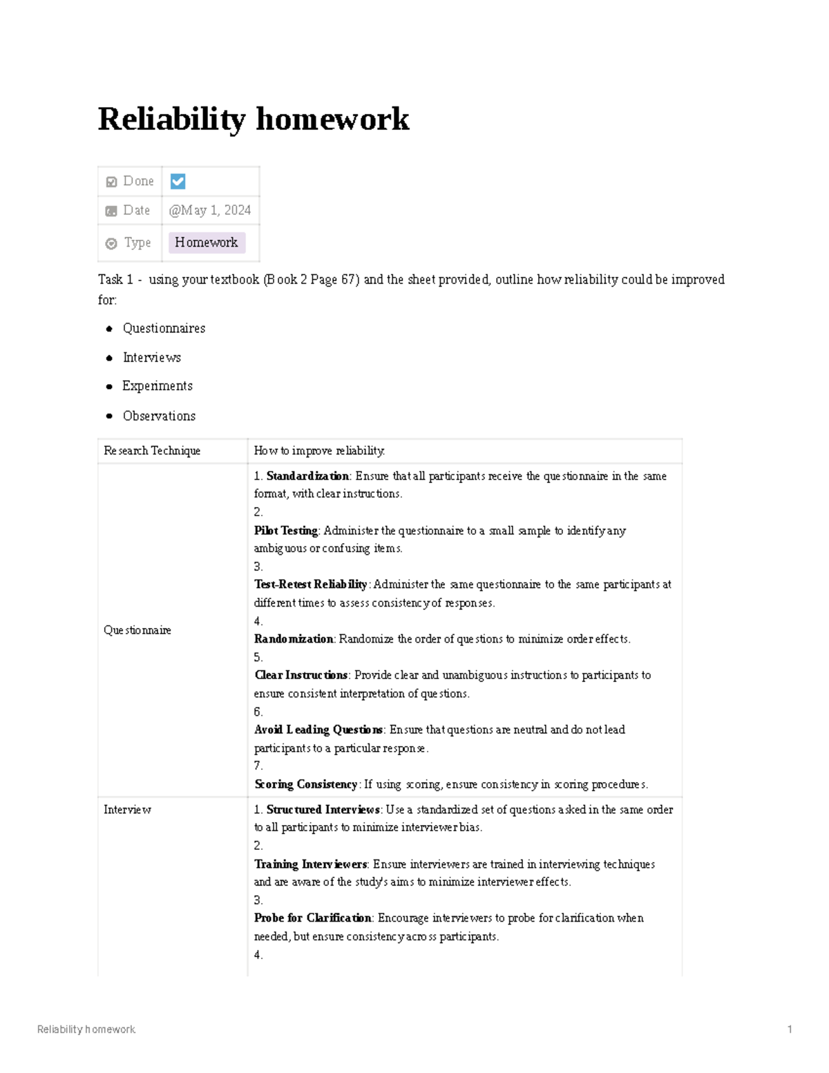 Reliability Homework - Reliability homework Done Date Type Homework ...