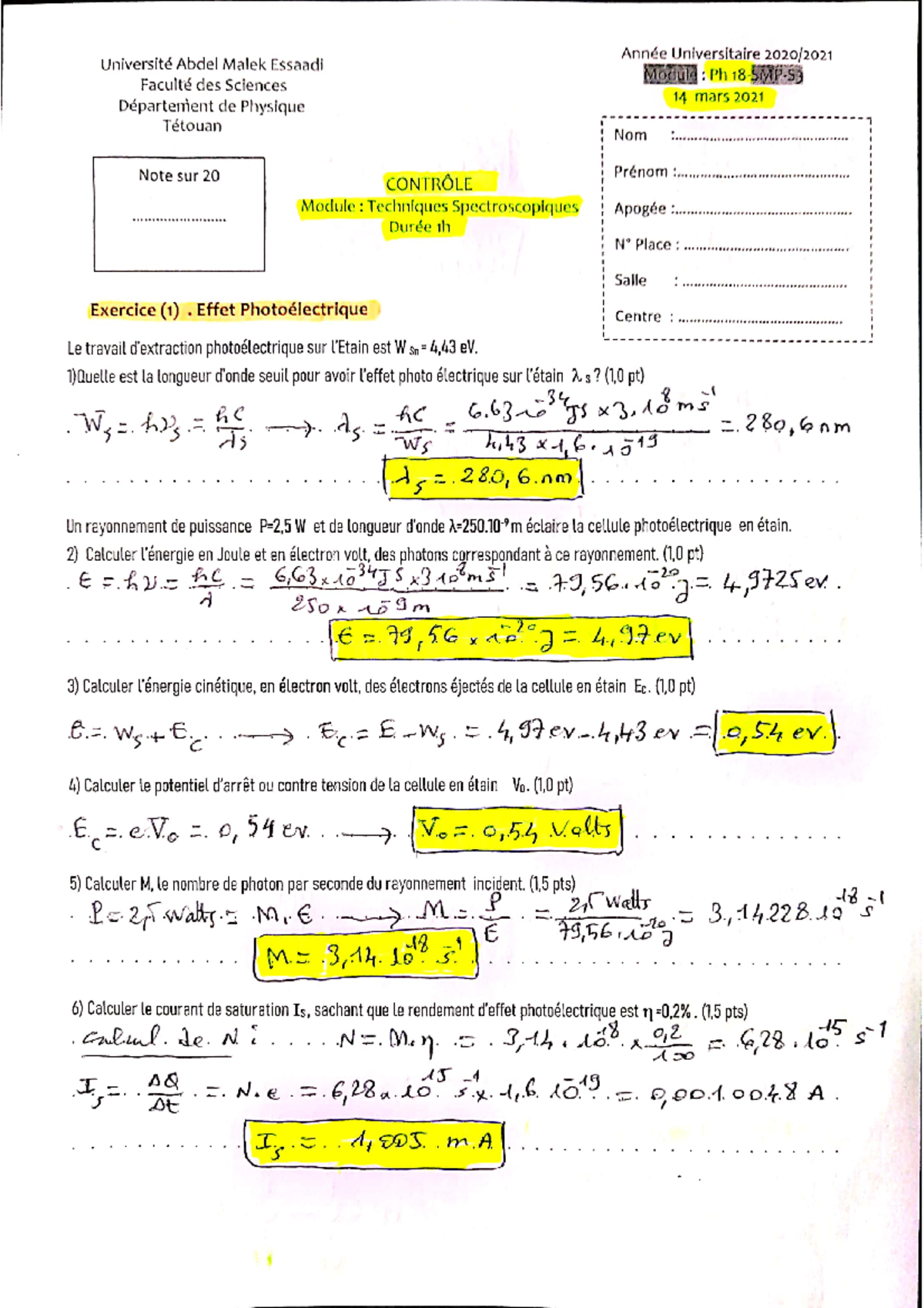 Corr-ses1-Spectro-SMP-S3 20-21 - Sciences De La Matière Physique - Studocu