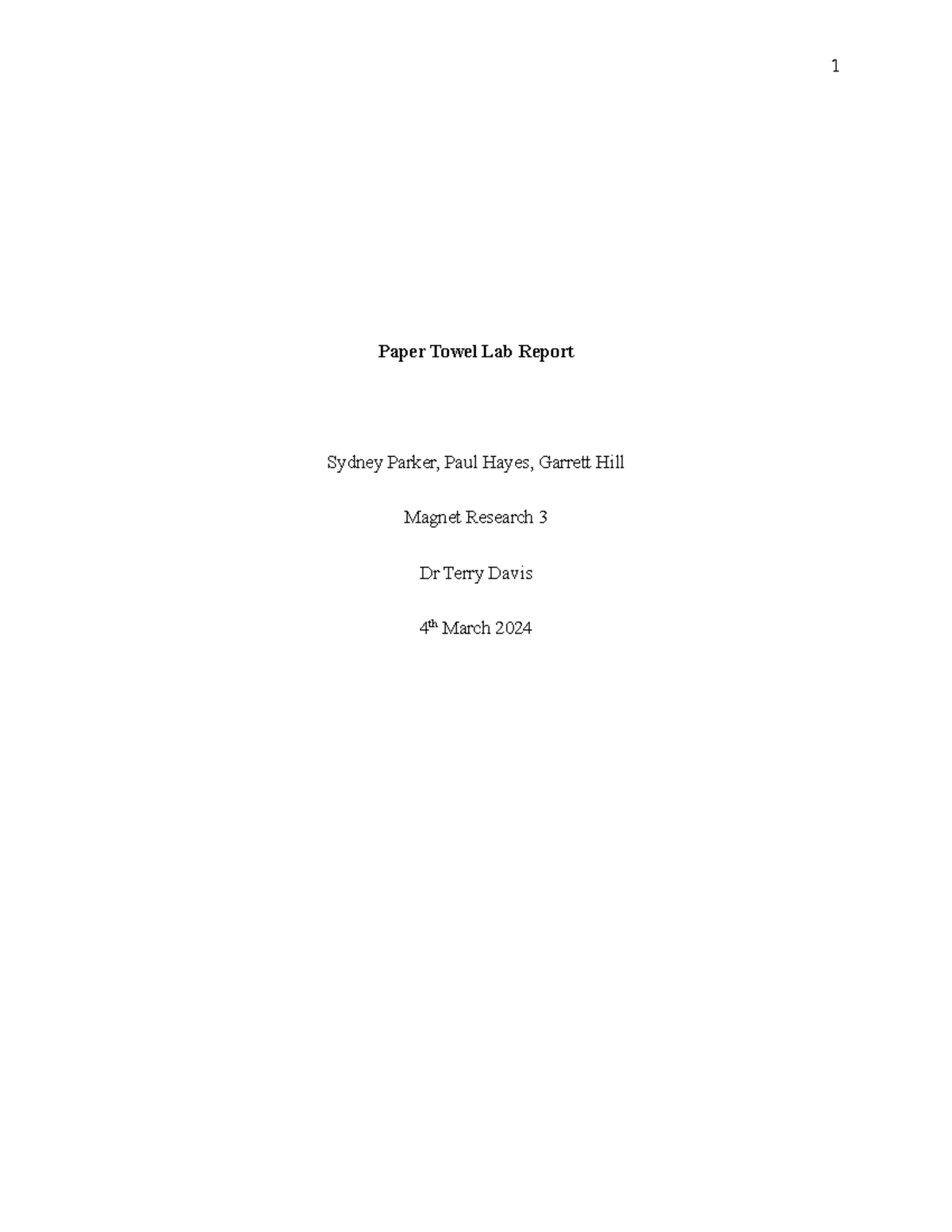 Paper Towel Lab Report - Paper Towel Lab Report Sydney Parker, Paul ...