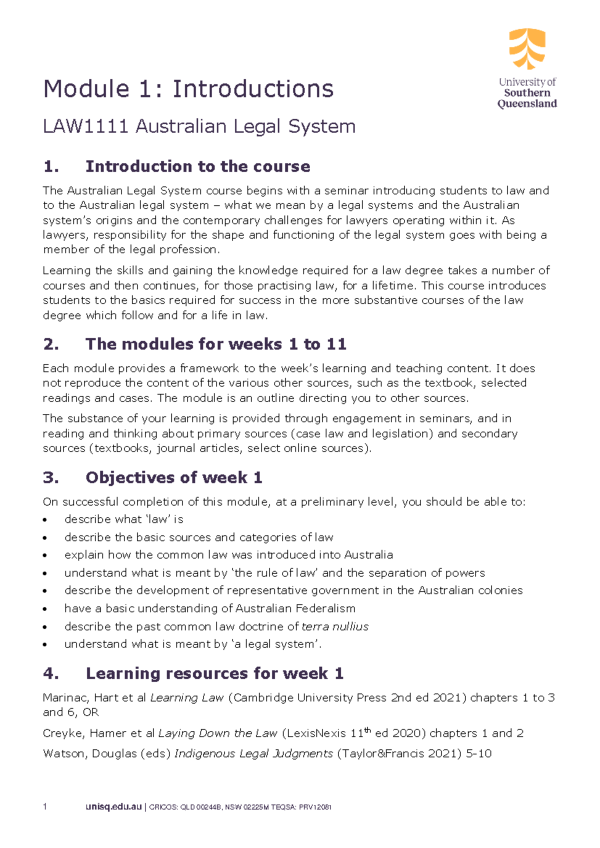 Module 1 - Introductions - Module 1: Introductions LAW1111 Australian ...