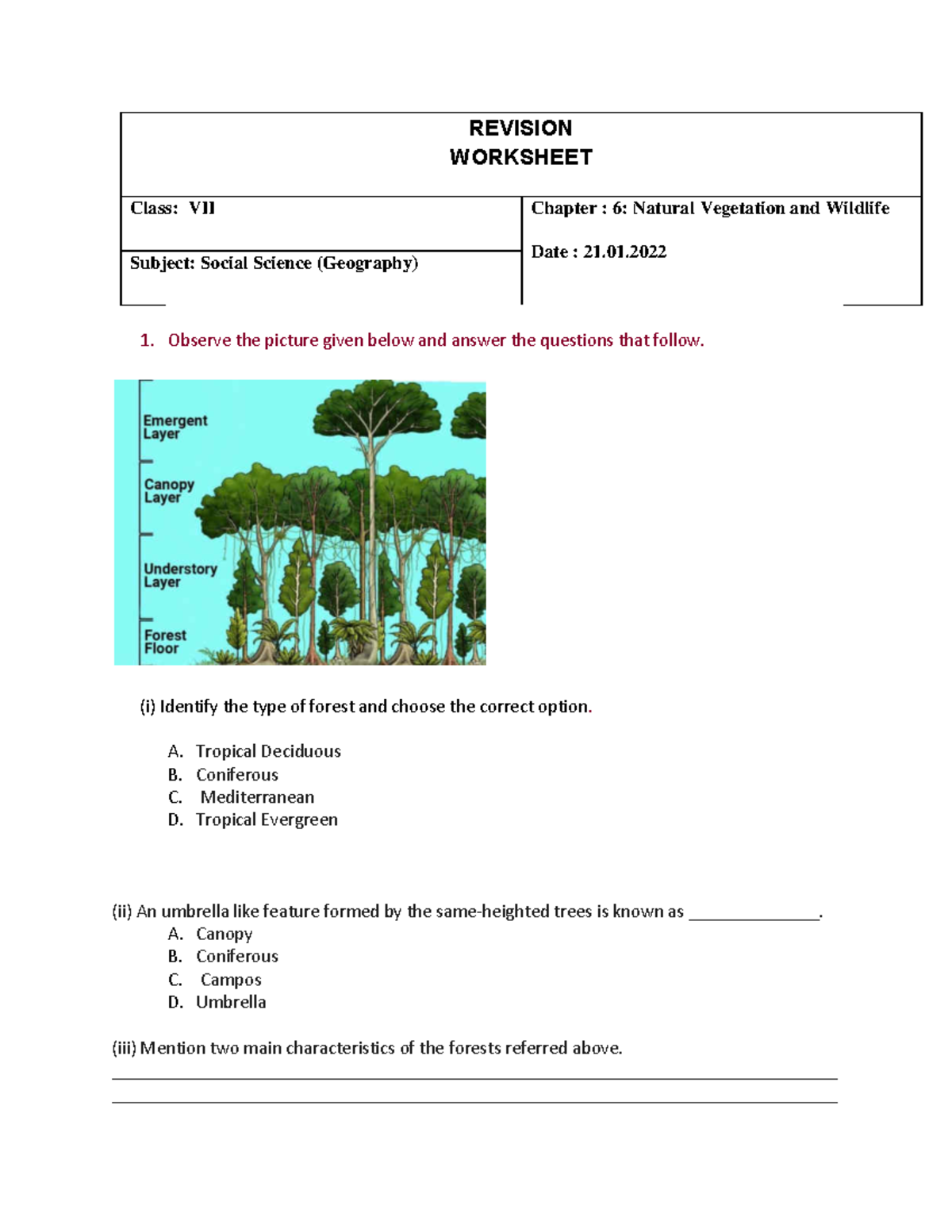 7-SSC - hiu - REVISION WORKSHEET Class: VII Chapter : 6: Natural ...