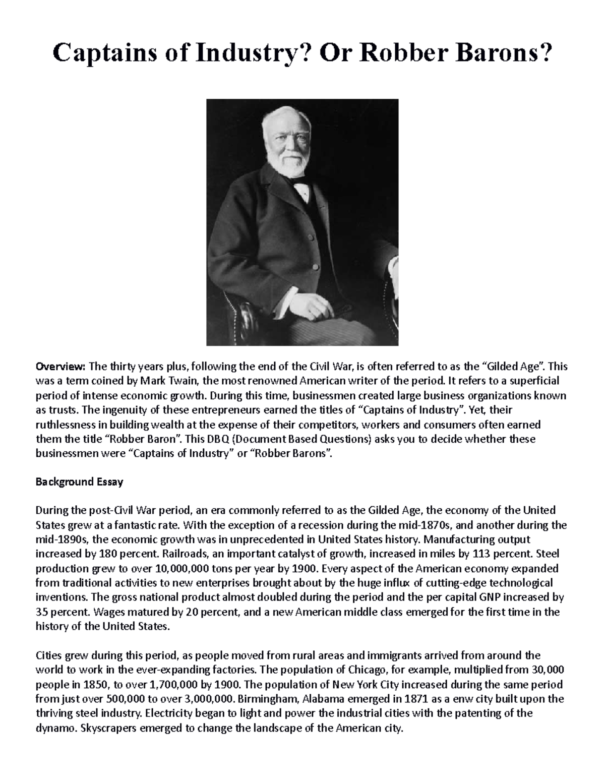 2 - DBQ - Captains of Industry? Or Robber Barons? Overview: The thirty ...