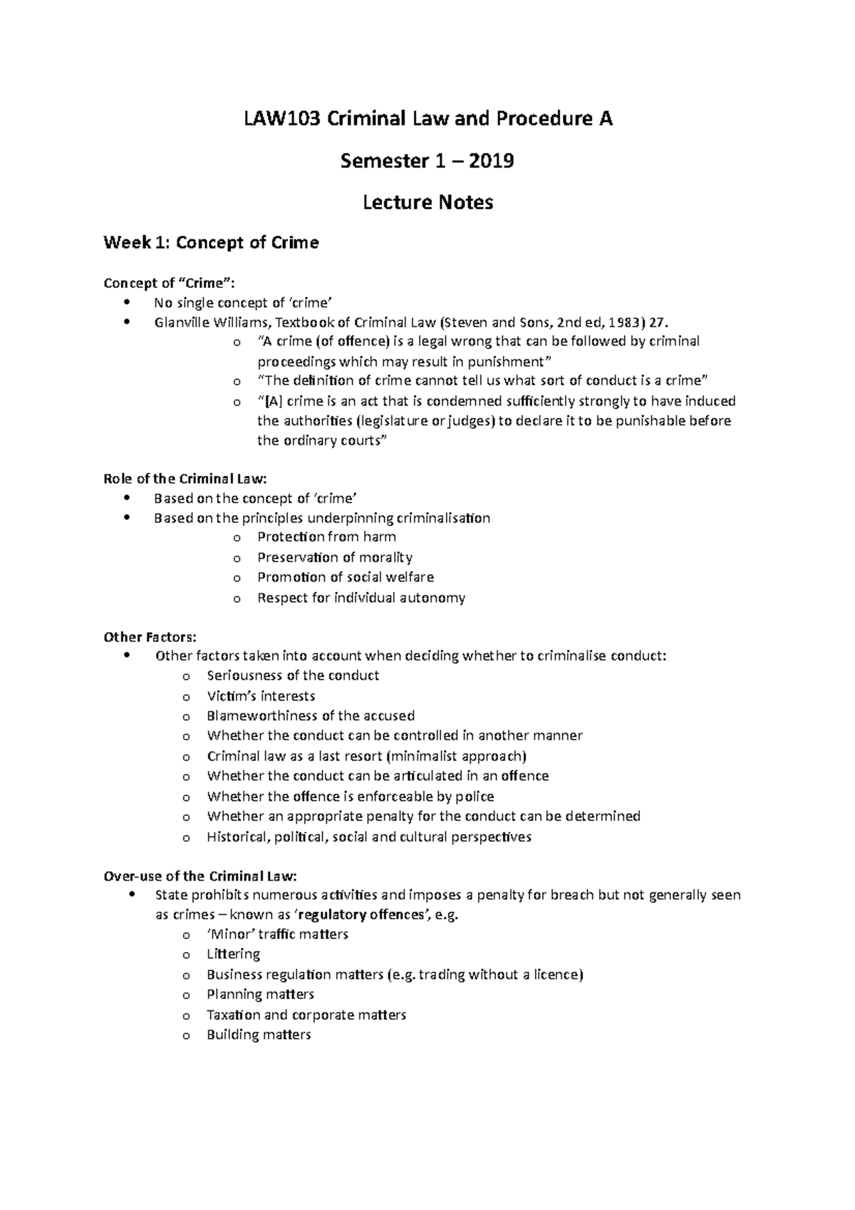 LAW103 Criminal Law and Procedure A - Semester 1 2019 - Lecture Notes ...