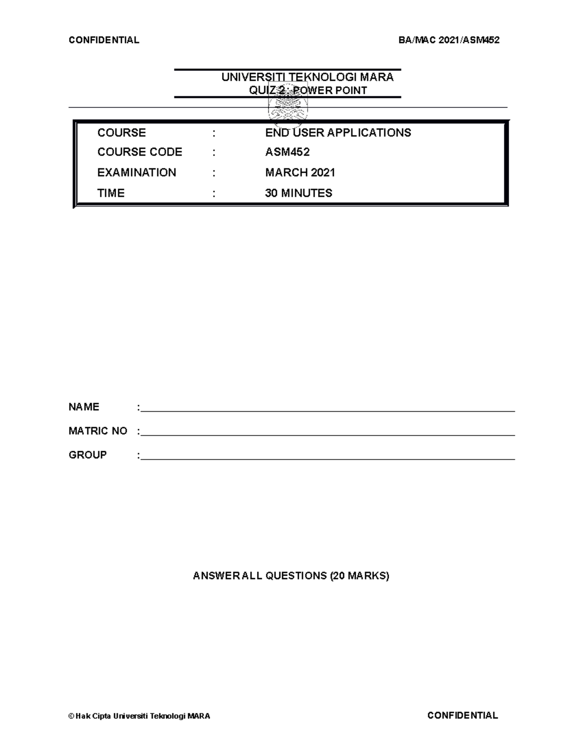 PowerPoint Quiz ASM452 SAMPLE QUESTION - UNIVERSITI TEKNOLOGI MARA QUIZ ...