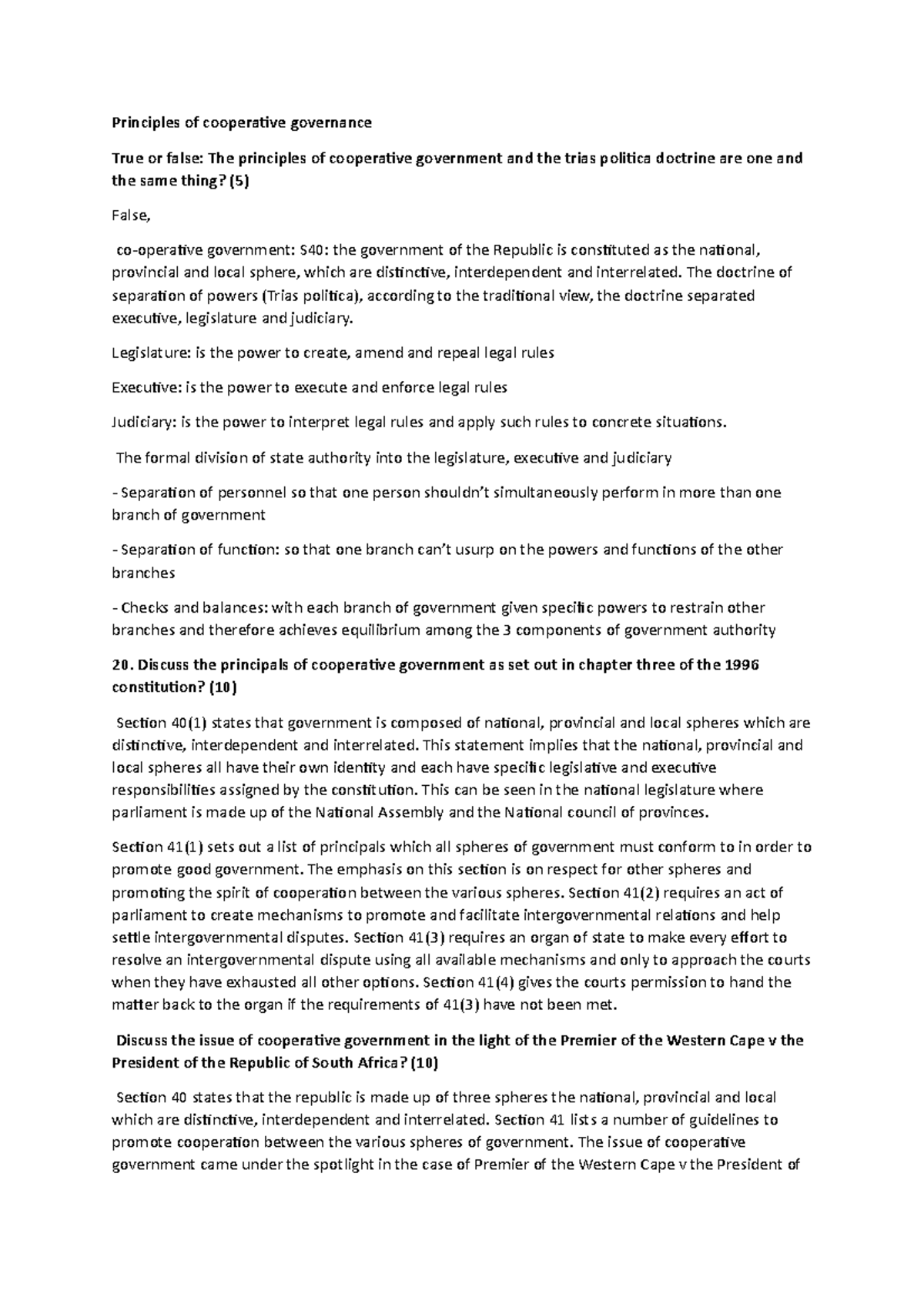 Principles of cooperative governance - The doctrine of separation of ...
