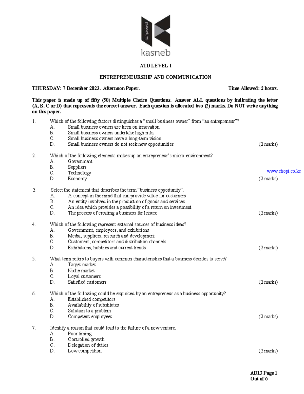 Entrepreneurship and Communication Past Papers - AD13 Page 1 ATD LEVEL ...