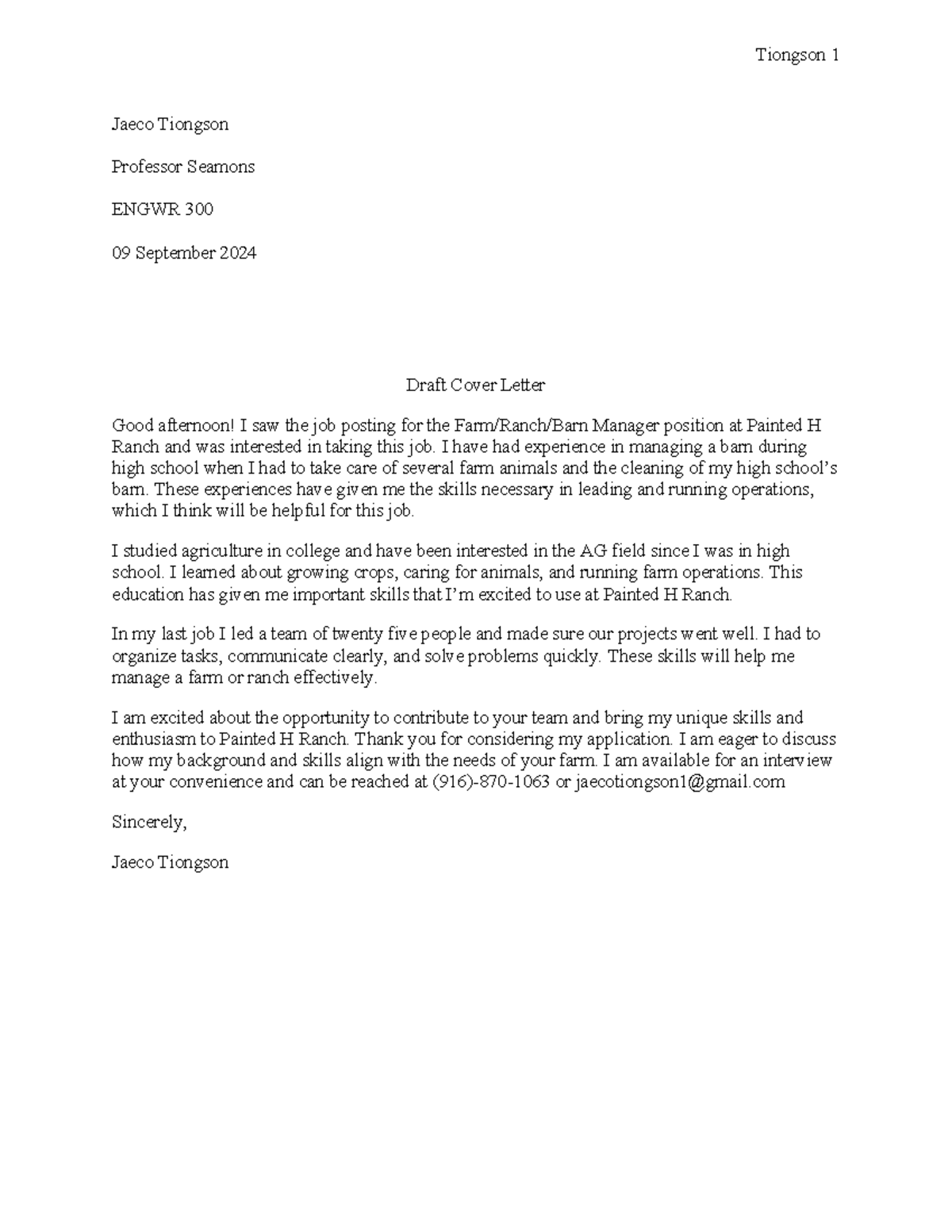 Jaeco Tiongson - Draft Cover Letter - Tiongson 1 Jaeco Tiongson ...