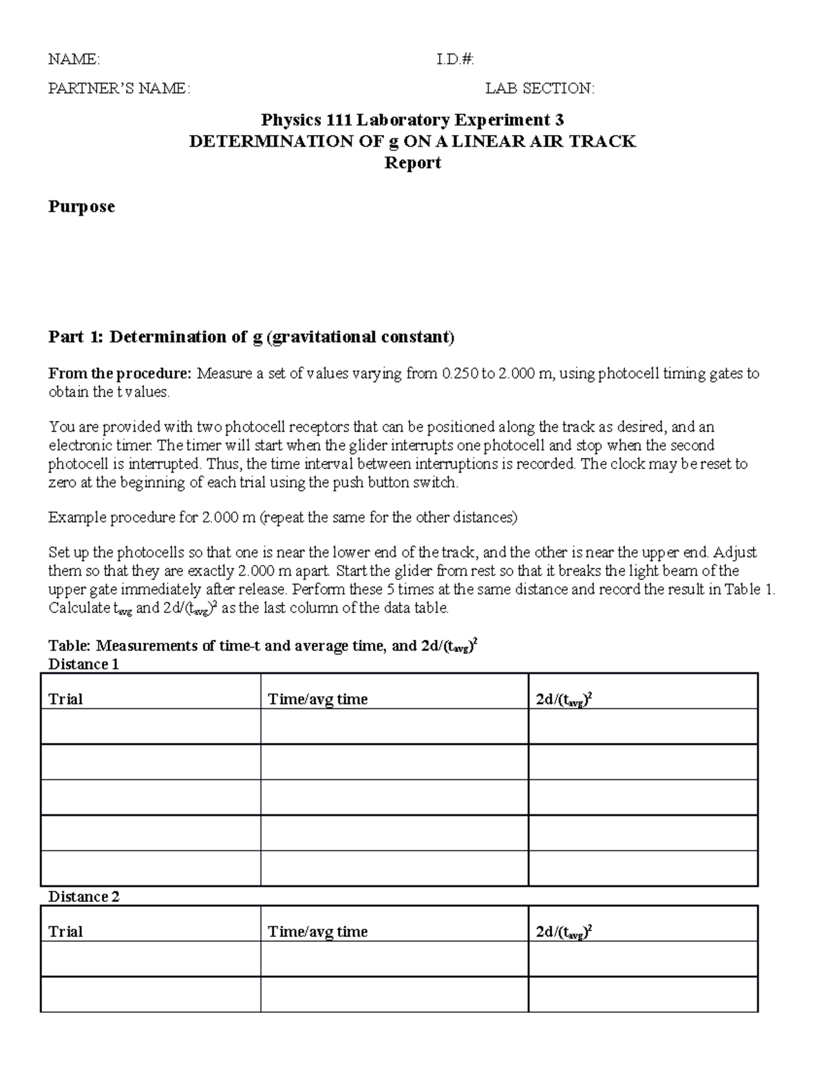 PHYS 111 Experiment 3 Lab template - NAME: I.#: PARTNER’S NAME: LAB ...
