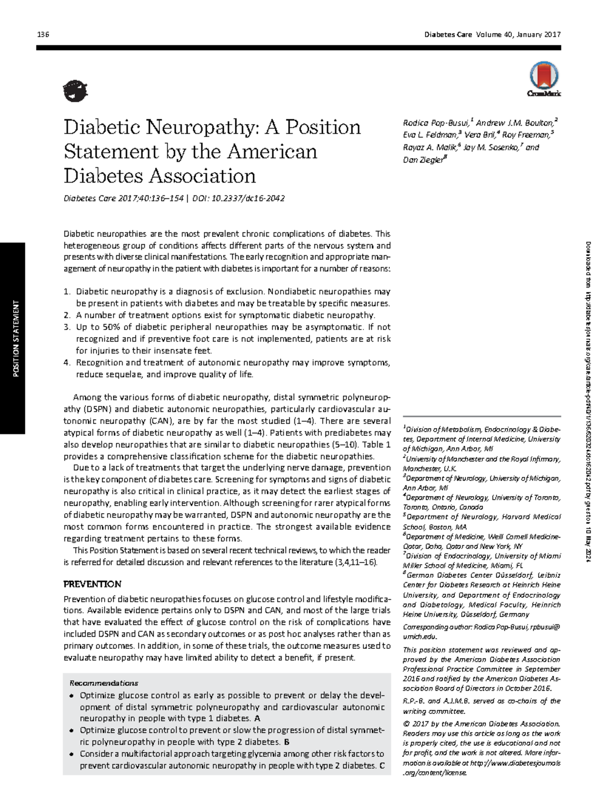Neuropatía diabética ADA - Diabetic Neuropathy: A Position Statement by ...