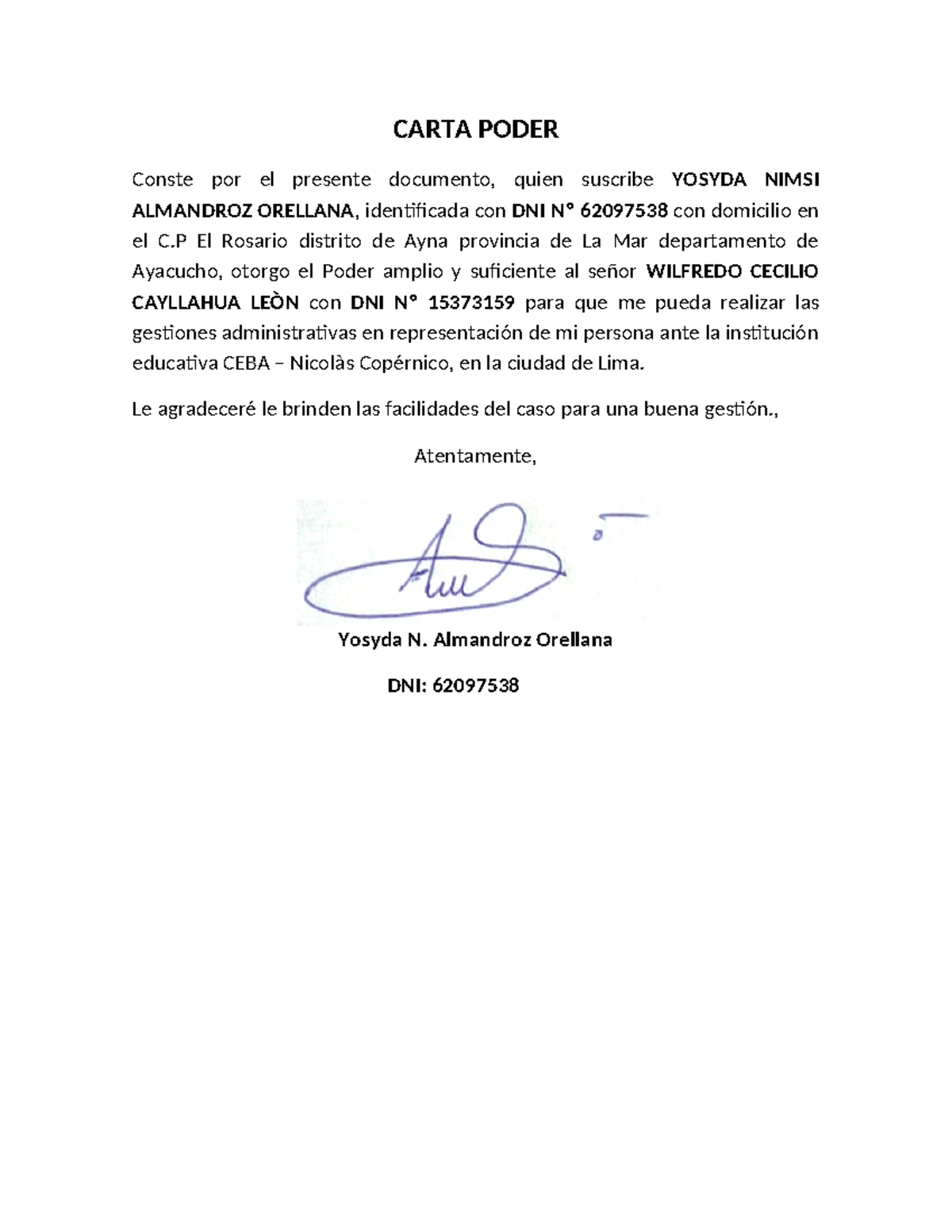 Carta Poder firmada - CARTA PODER Conste por el presente documento ...
